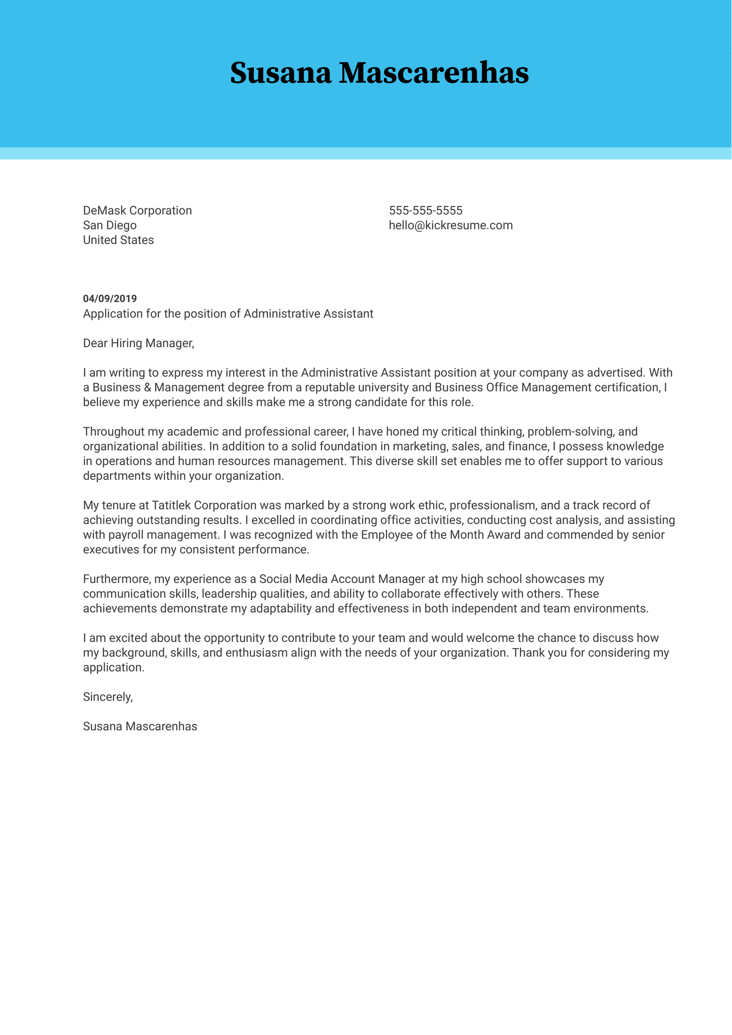 Administrative Assistant Cover Letter Example Kickresume