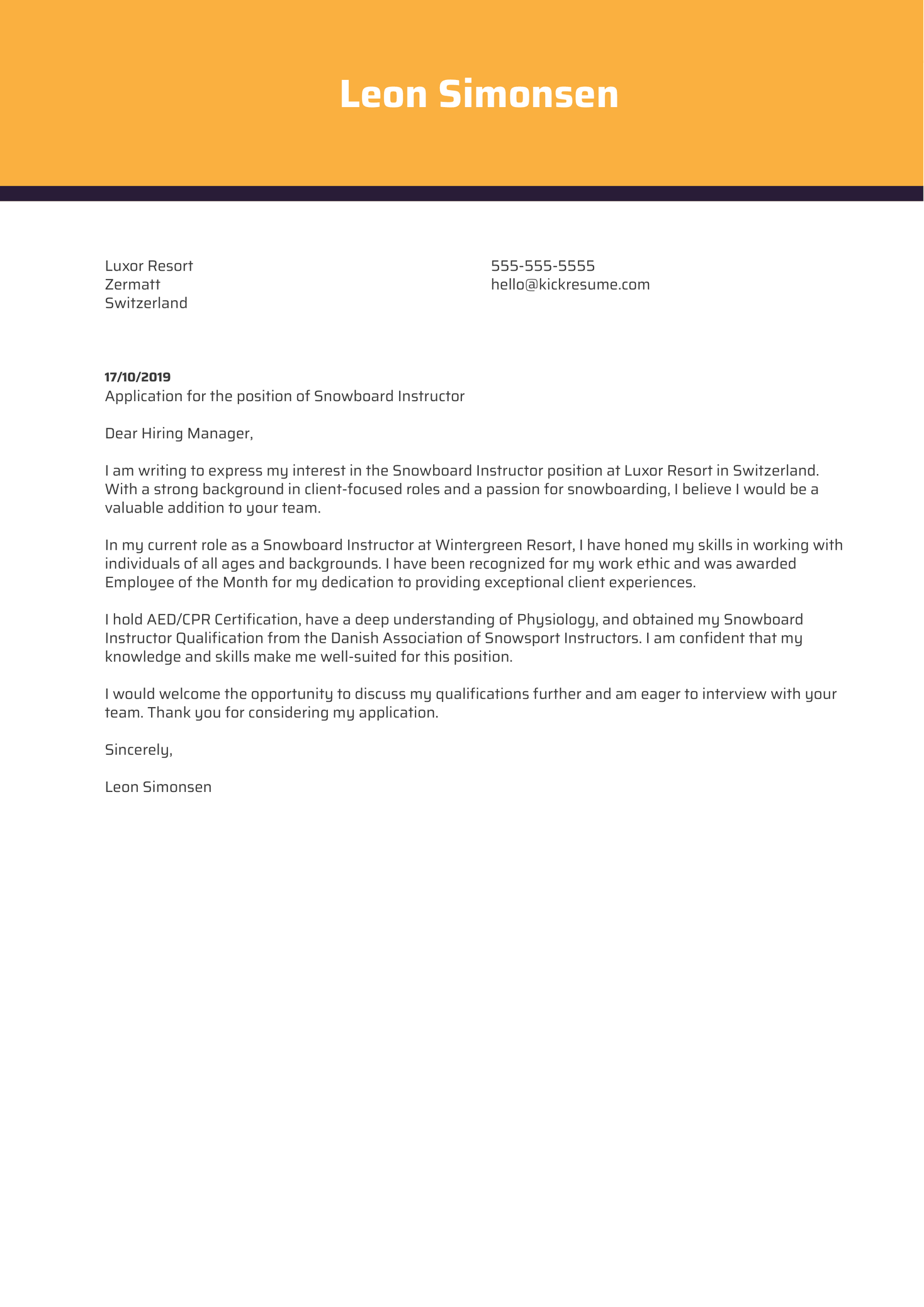Snowboard Instructor Cover Letter Template Kickresume