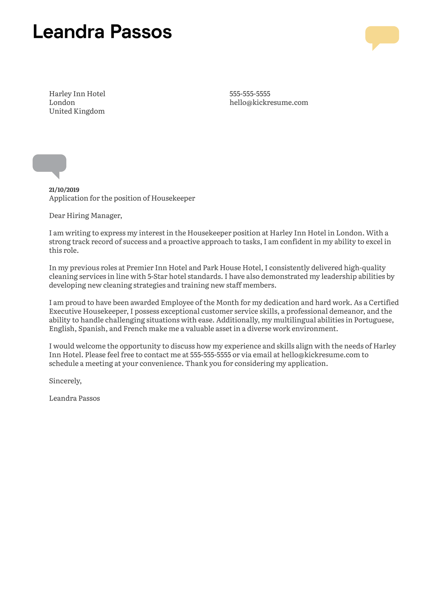 Housekeeper Cover Letter Sample Kickresume