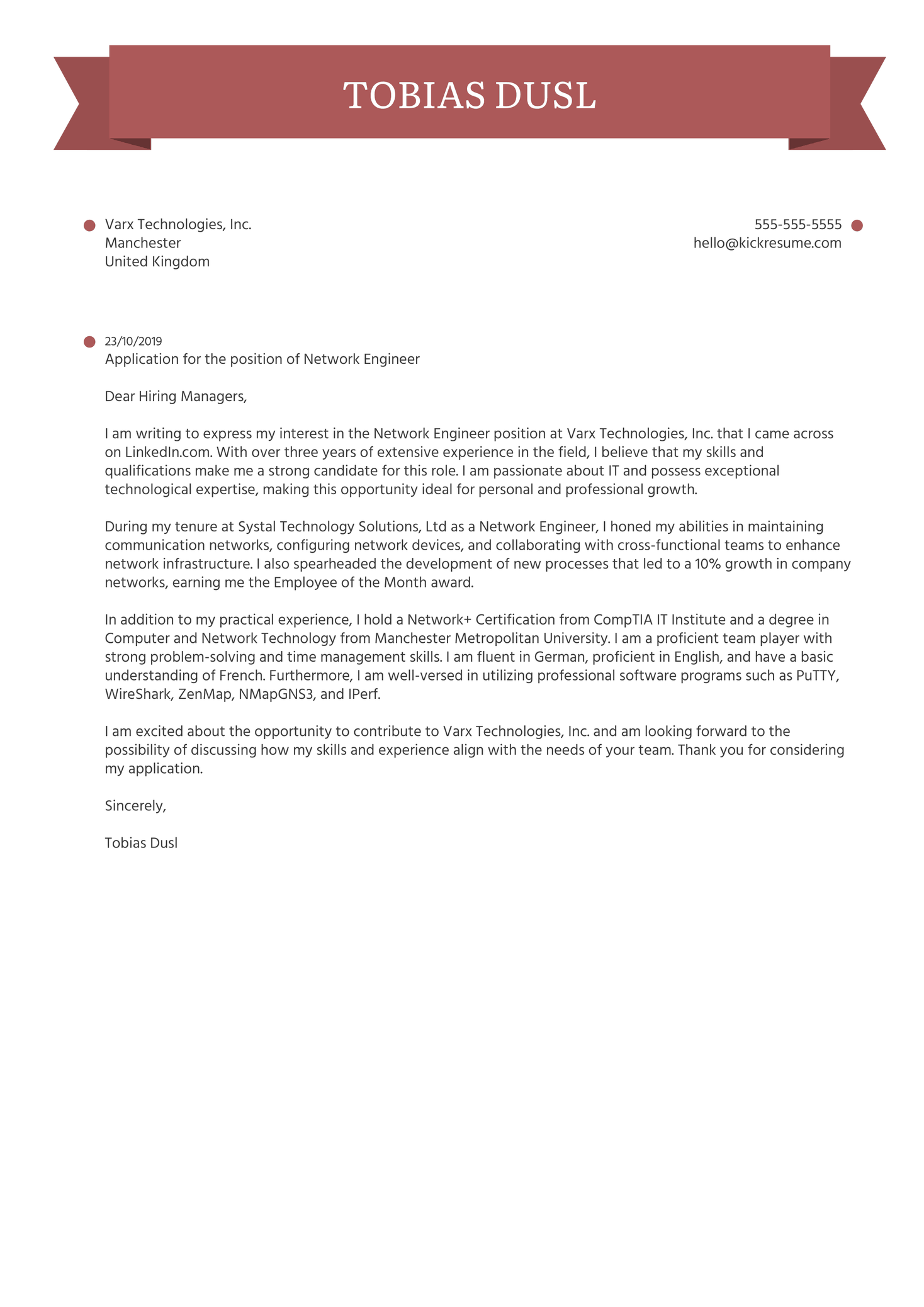 Network Engineer Cover Letter Template Kickresume