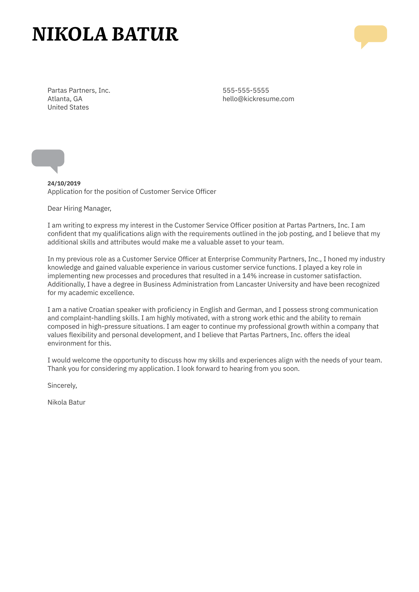 Cover Letter Service Officer