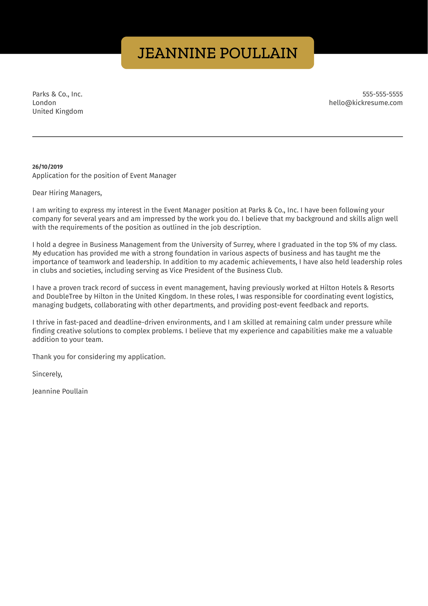 Event Manager Cover Letter Example Kickresume