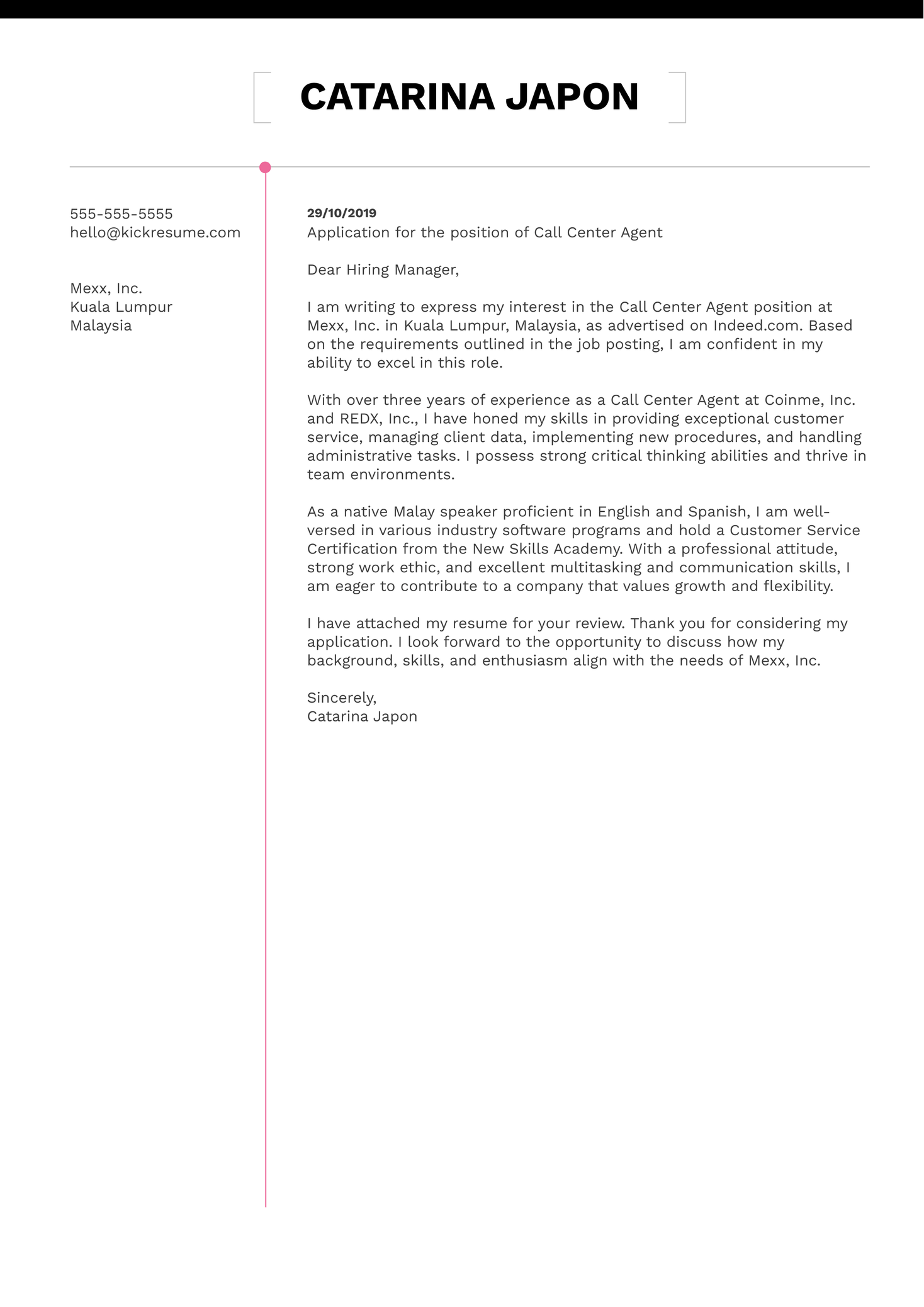 Call Center Cover Letter Sample Kickresume
