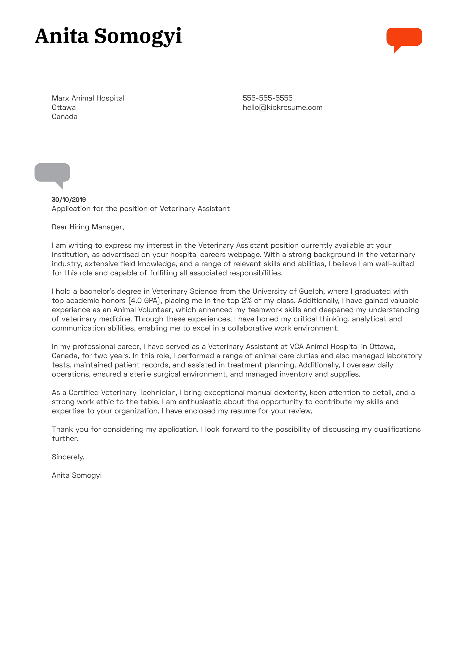 Veterinary Assistant Cover Letter Example Kickresume