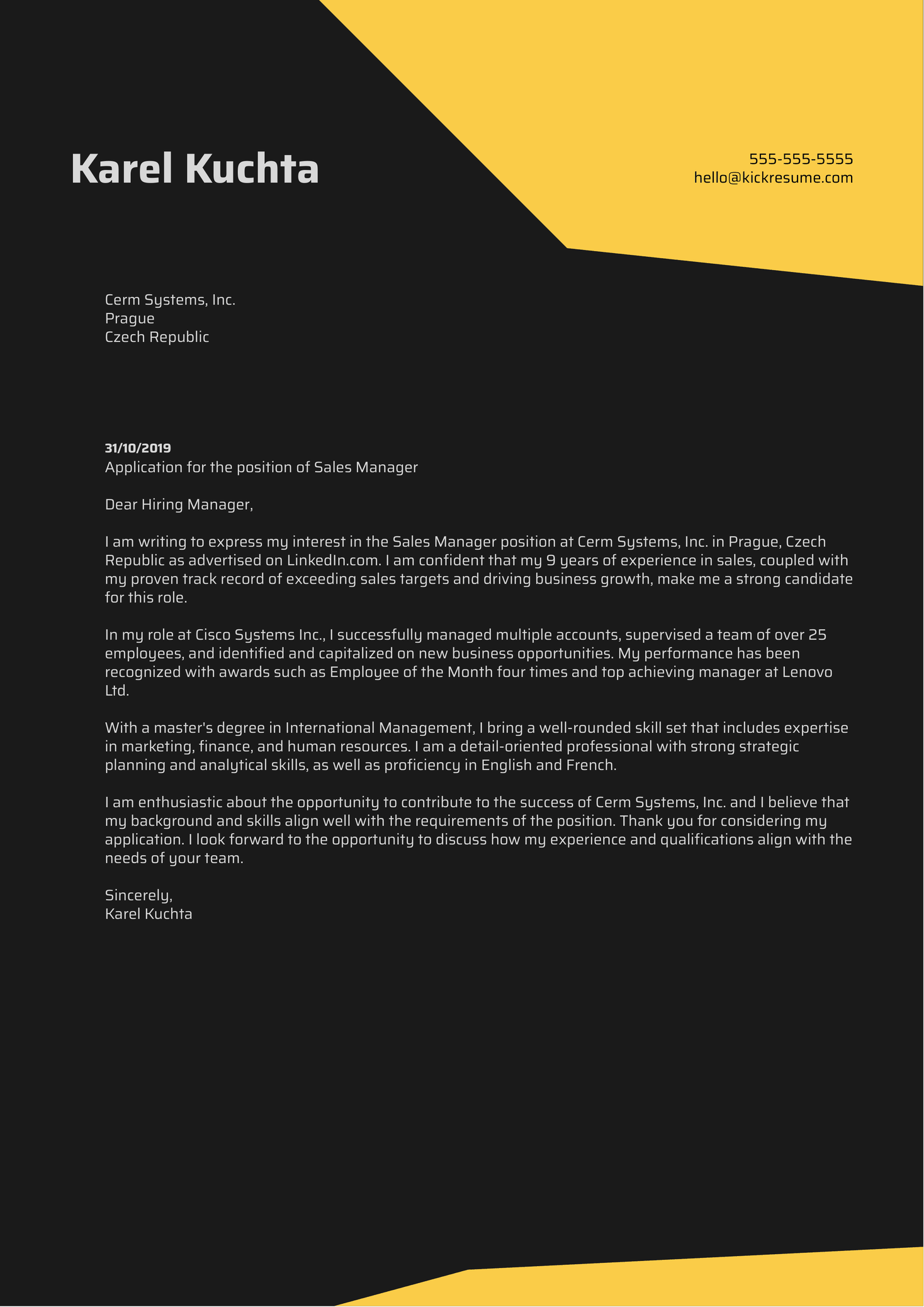 Sales Manager Cover Letter Sample Kickresume