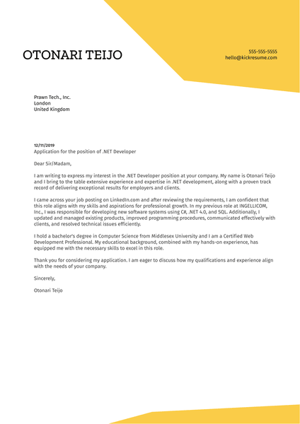 Developer Internship Cover Letter