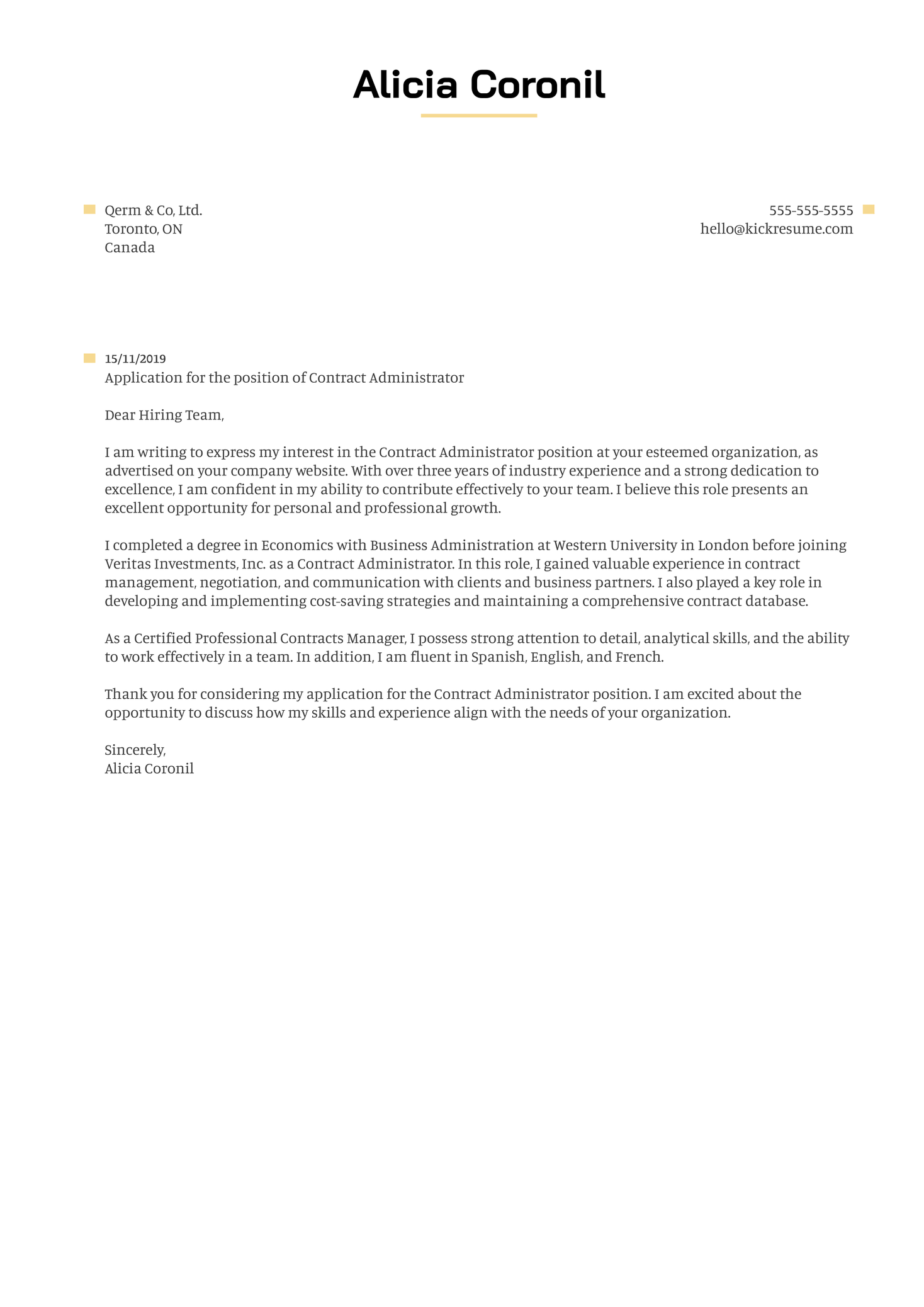 Contract Administrator Cover Letter Sample Kickresume