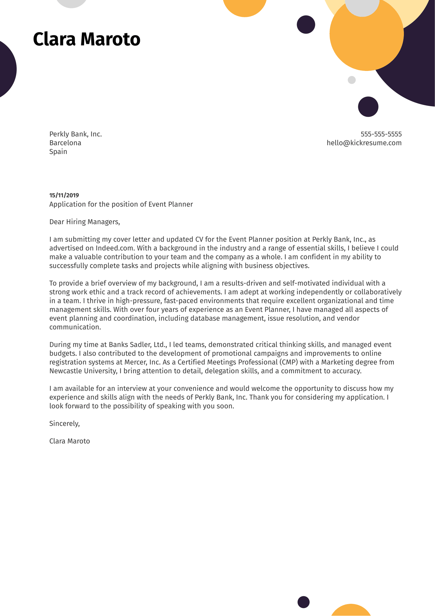 Event Planner Cover Letter Sample Kickresume