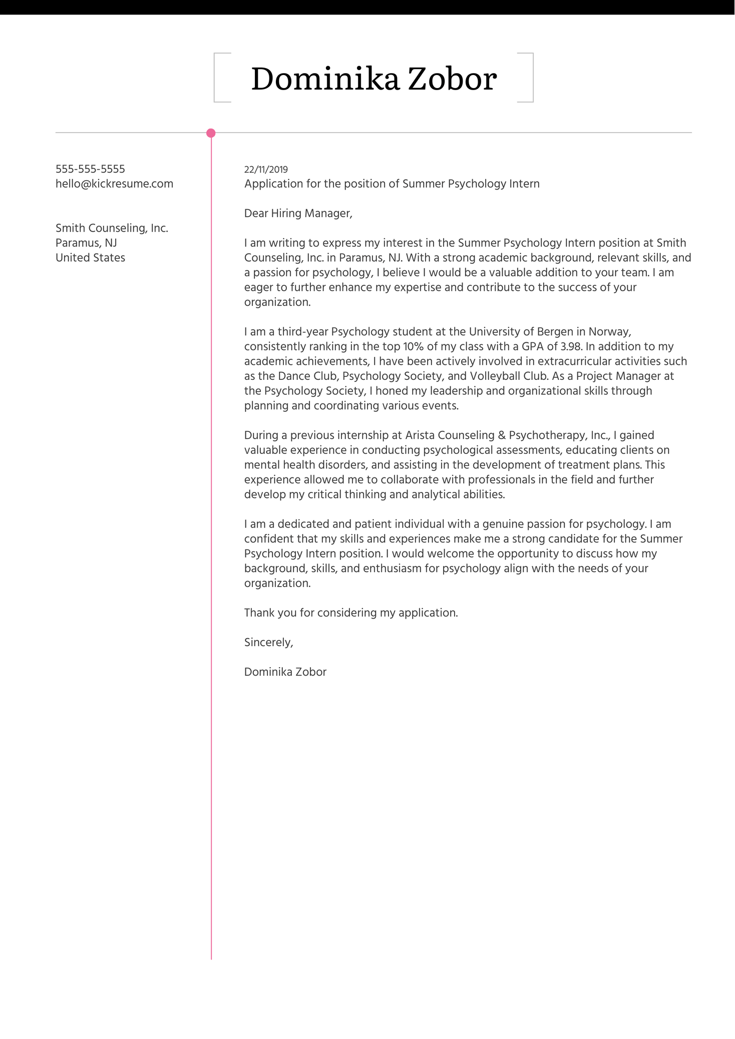 Psychology Internship Cover Letter Sample Kickresume Psychology Internship Cover Letter Sample Kickresume