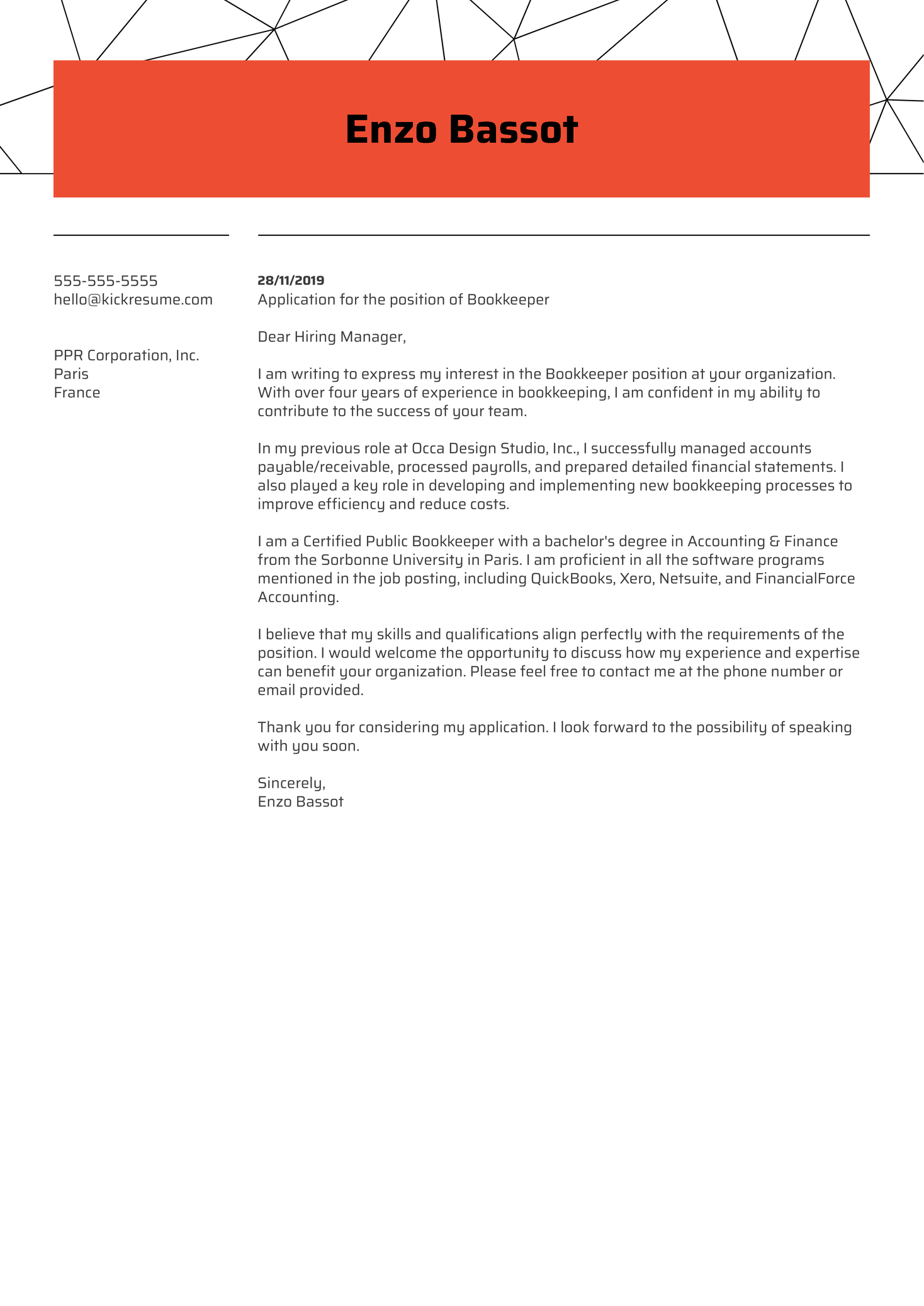 Bookkeeper Cover Letter Sample Kickresume