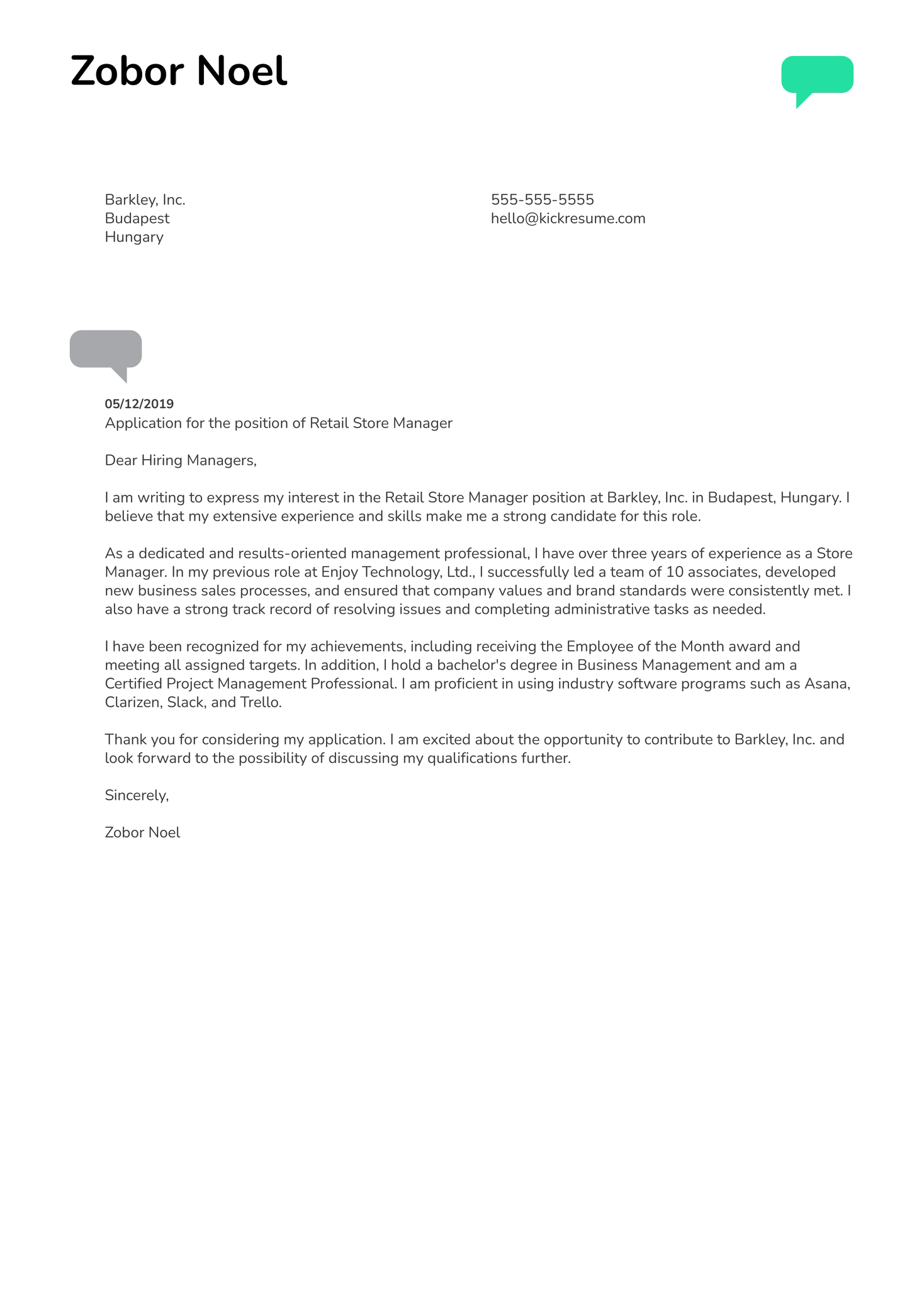 Retail Store Manager Cover Letter Sample Kickresume