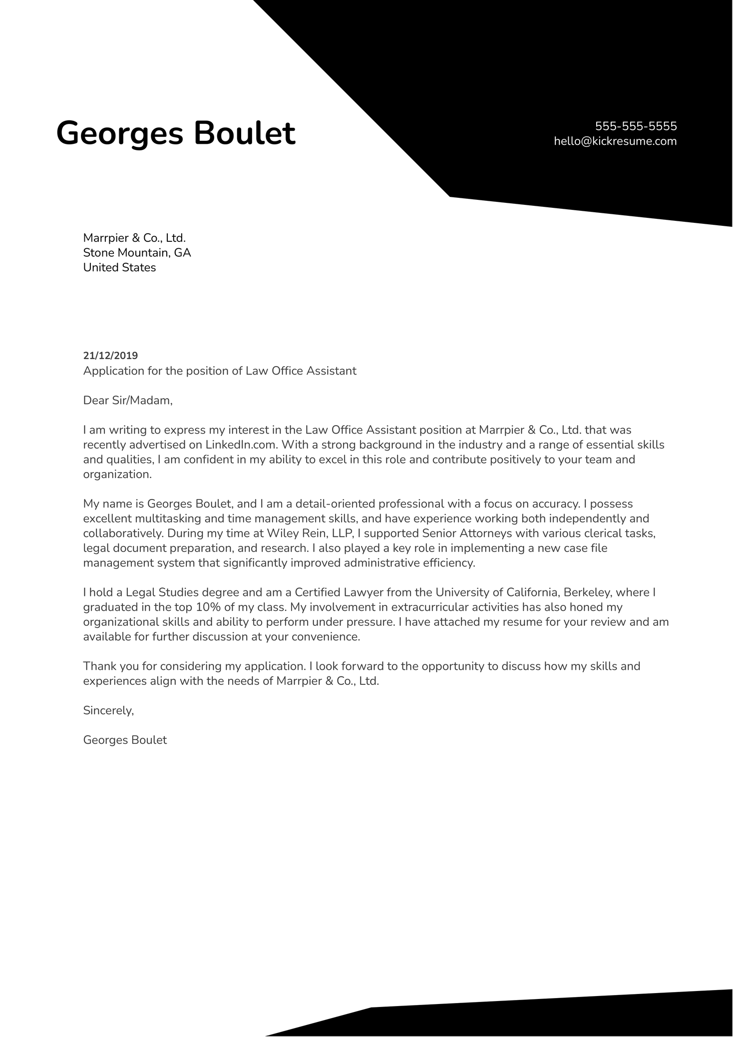 Law Office Assistant Cover Letter Example Kickresume