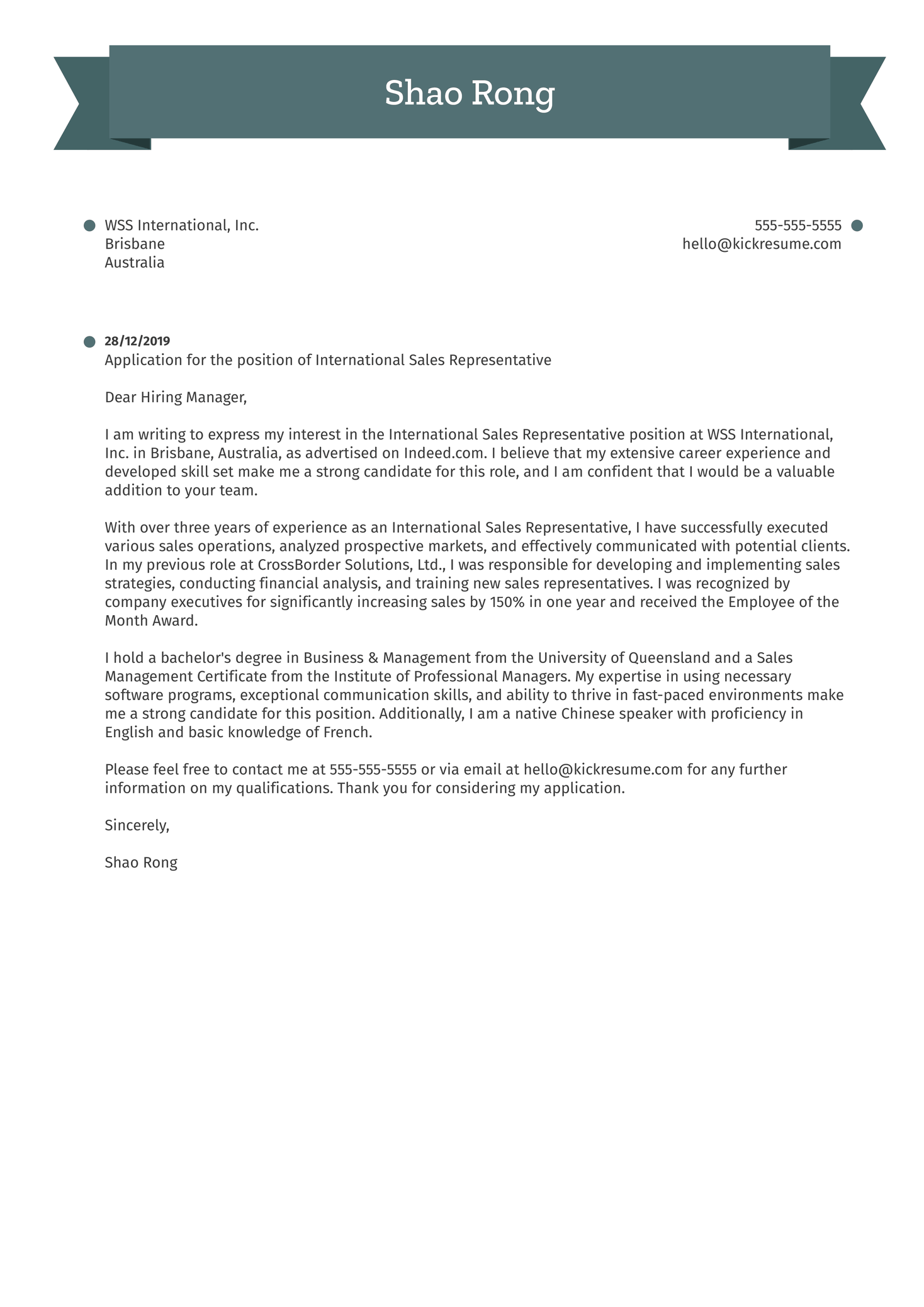 International Sales Representative Cover Letter Example Kickresume