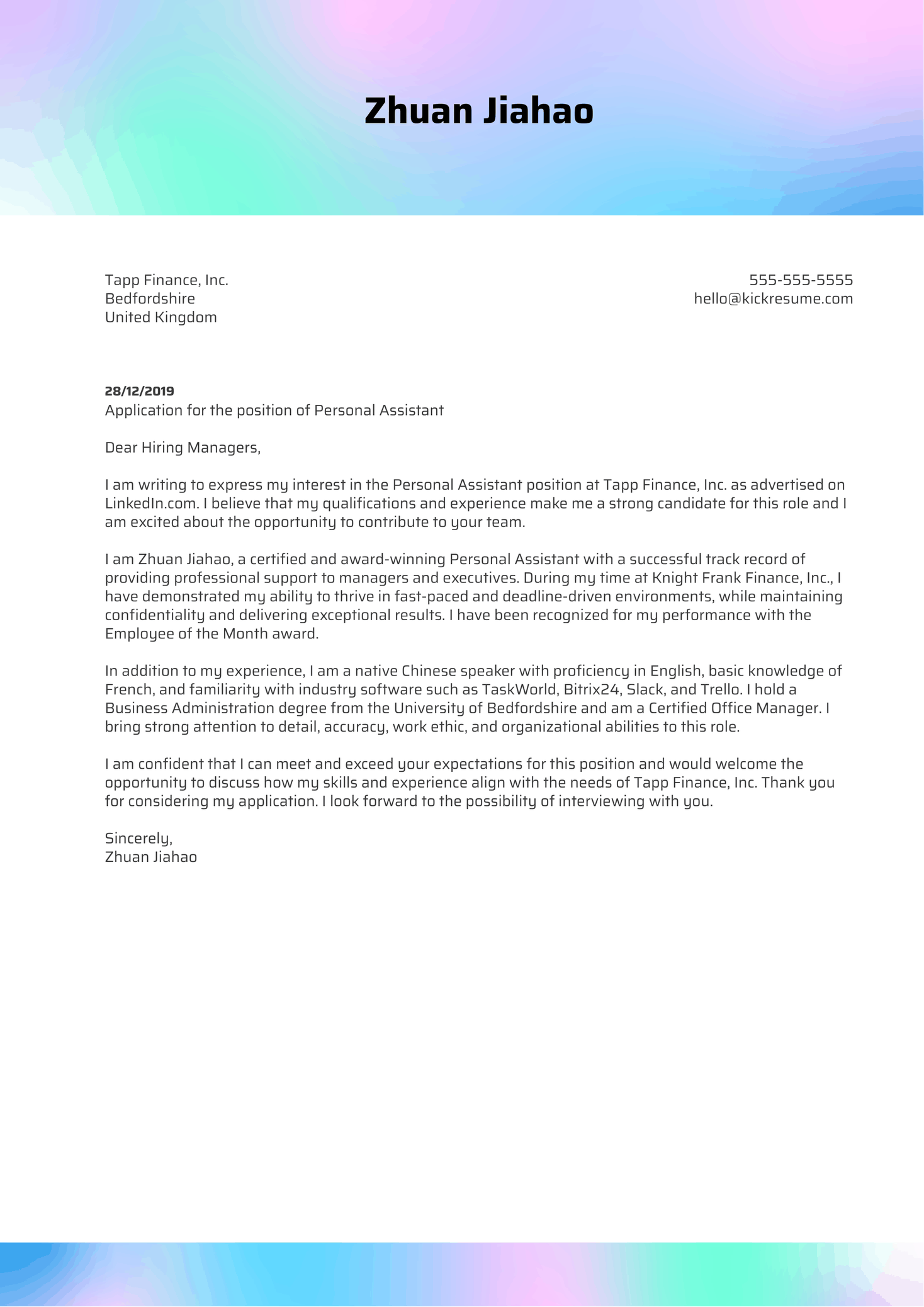 Personal Assistant Cover Letter Example Kickresume