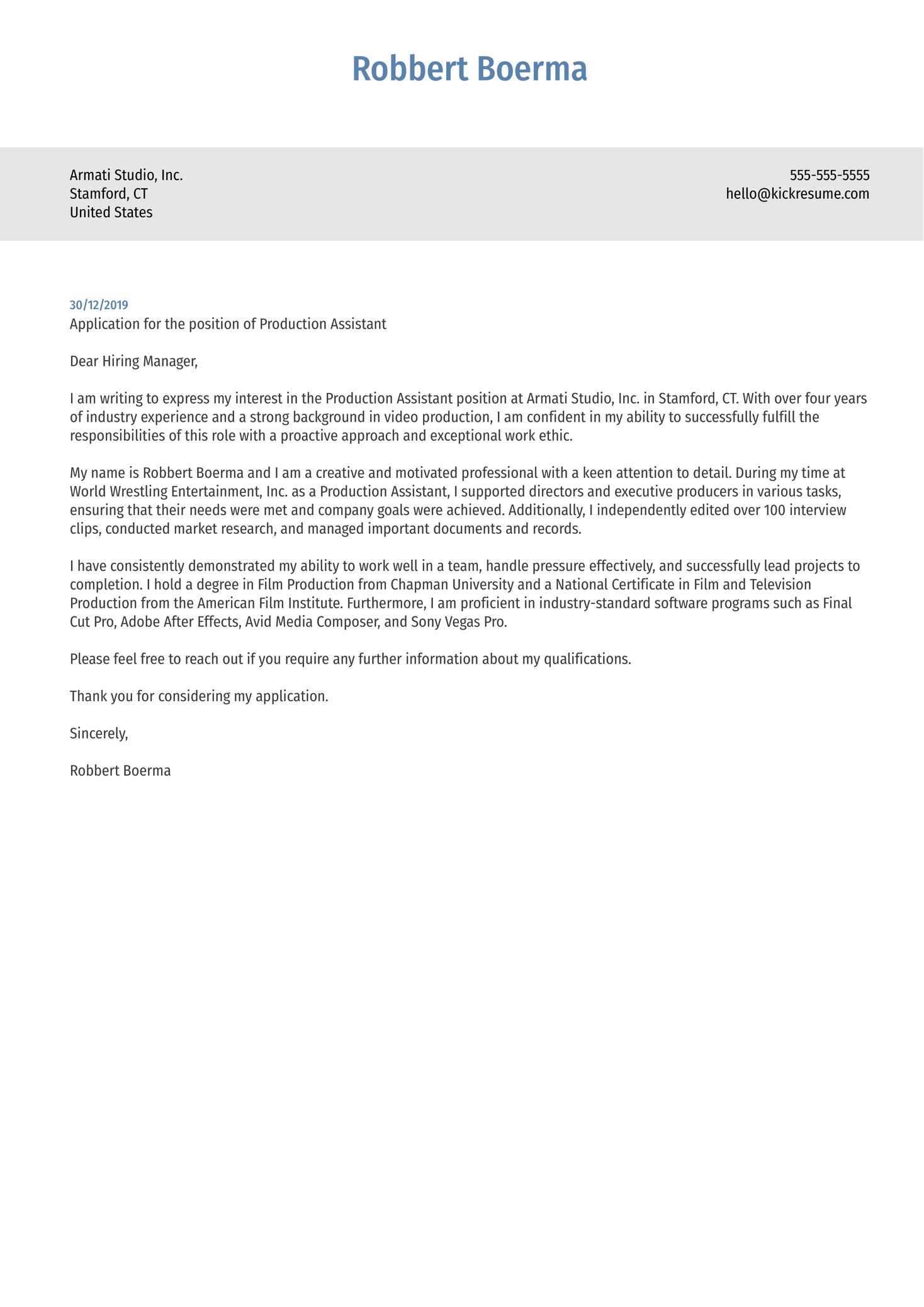 Production Assistant Cover Letter Example Kickresume Production Assistant Cover Letter Example Kickresume