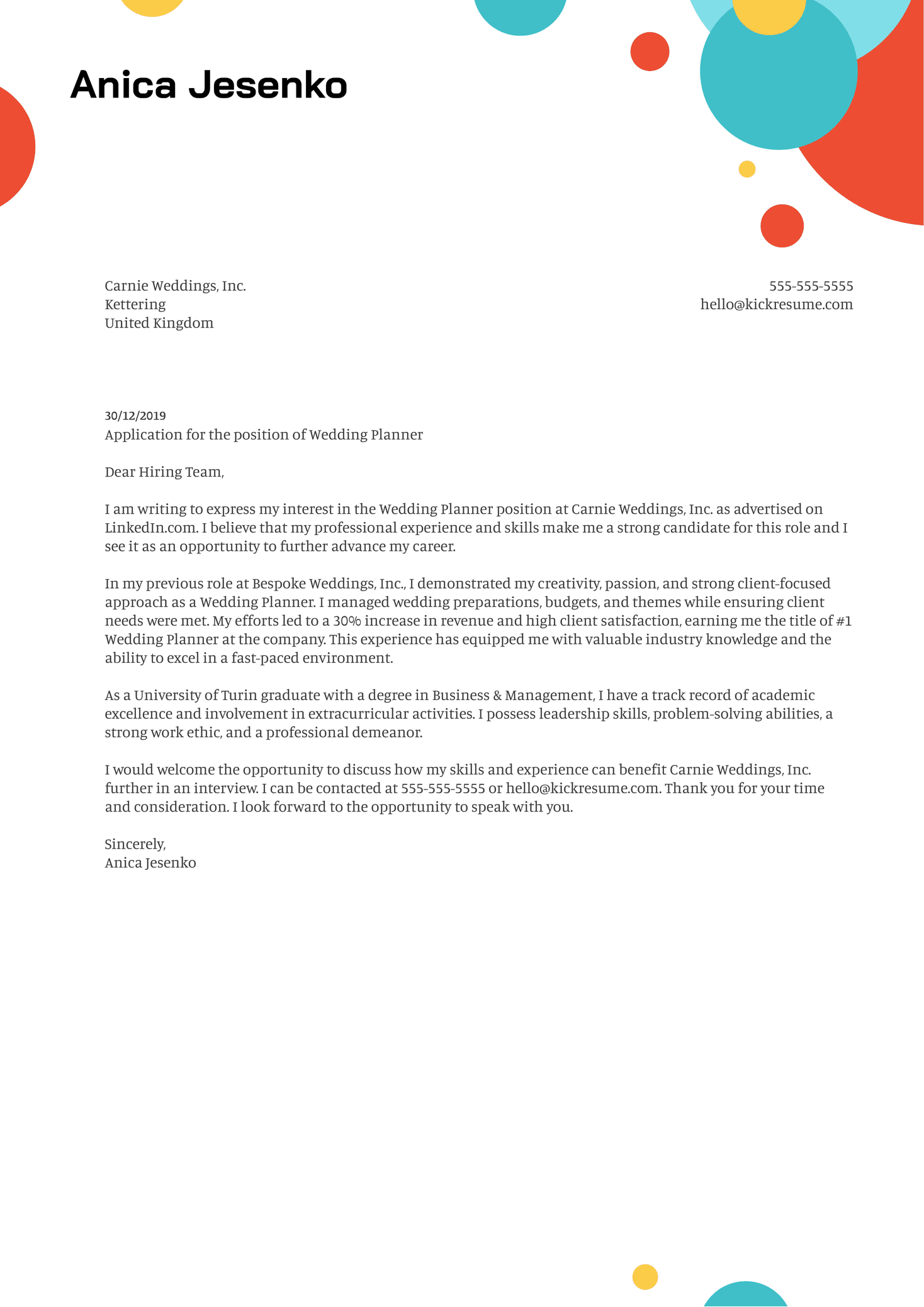 Wedding Planner Cover Letter Example Kickresume