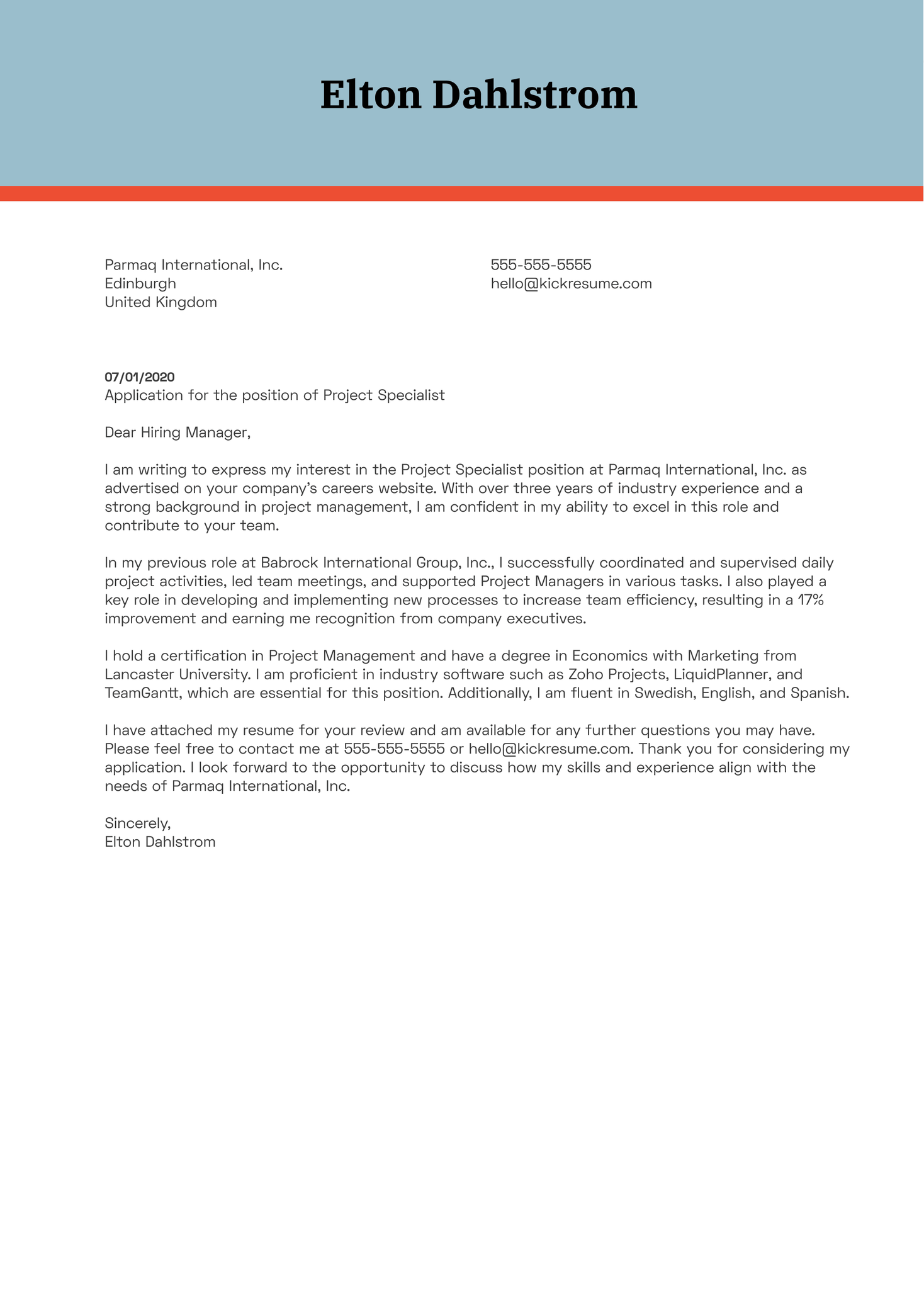 Project Specialist Cover Letter Sample Kickresume