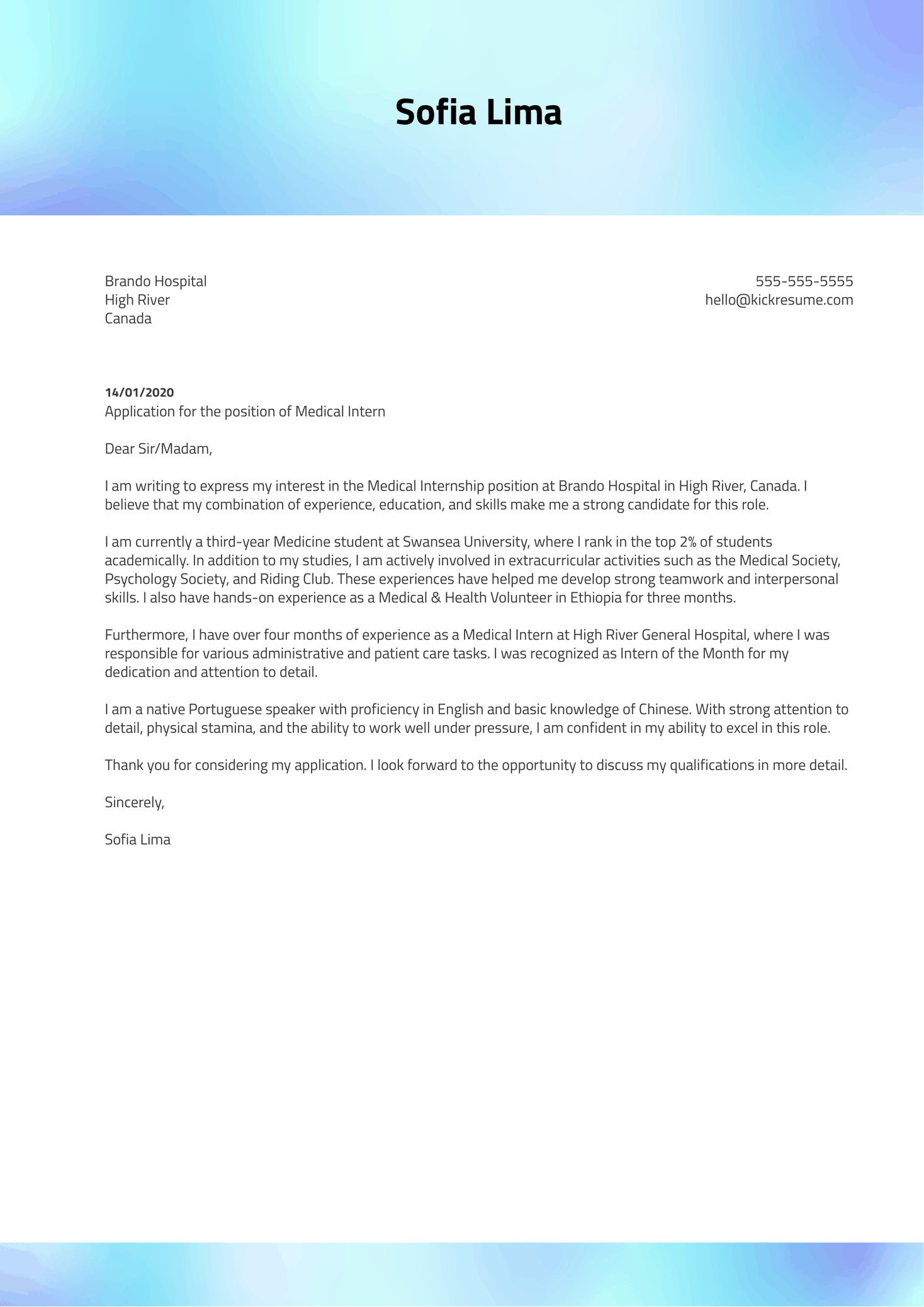 Medical Internship Cover Letter Example Kickresume
