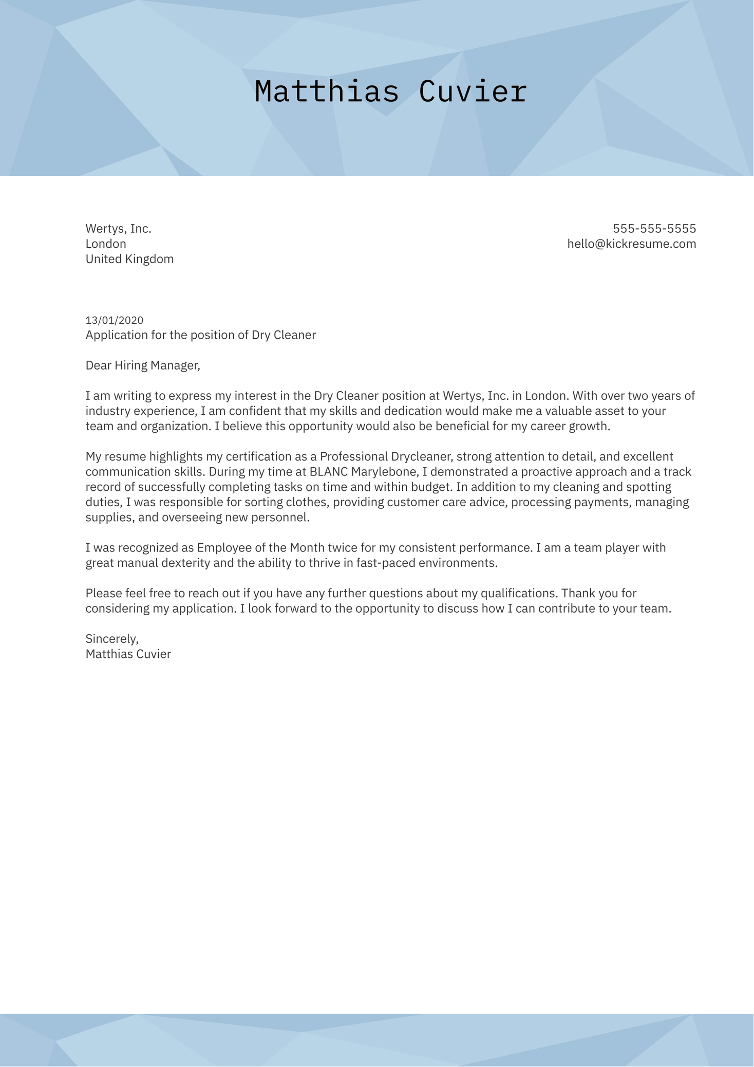 Dry Cleaner Cover Letter Example Kickresume My XXX Hot Girl