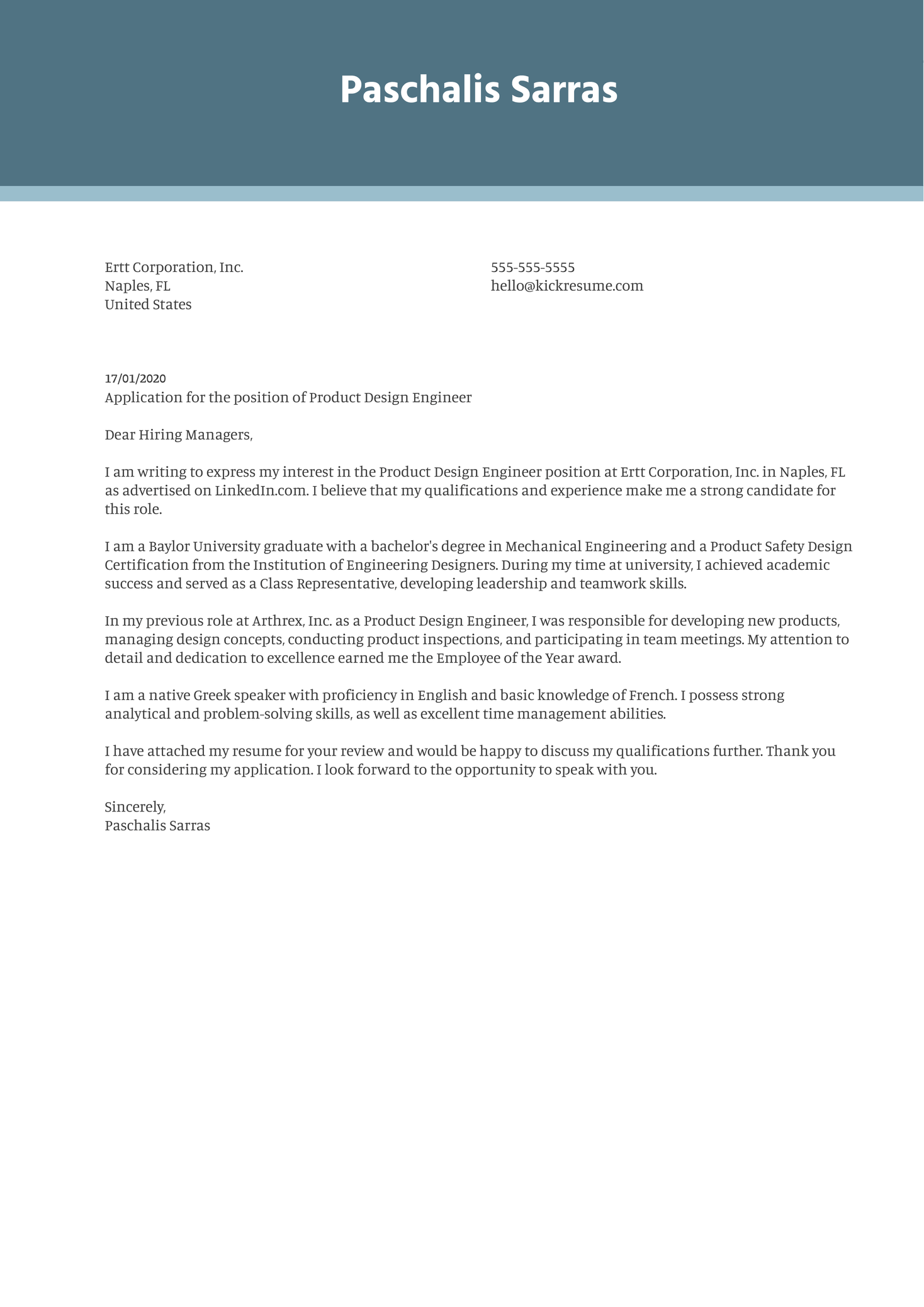 Product Design Engineer Cover Letter Example Kickresume