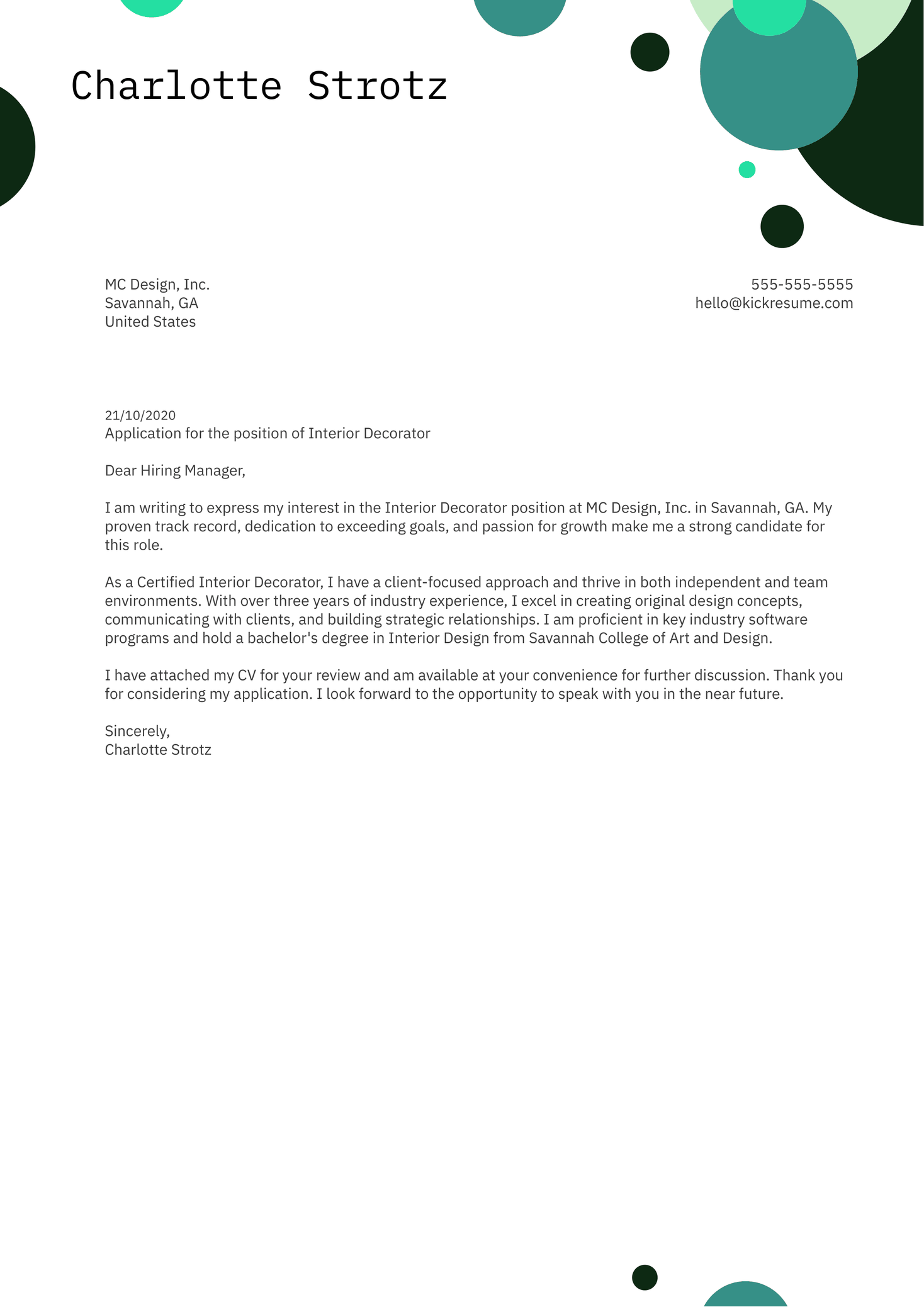 Interior Decorator Cover Letter Sample Kickresume