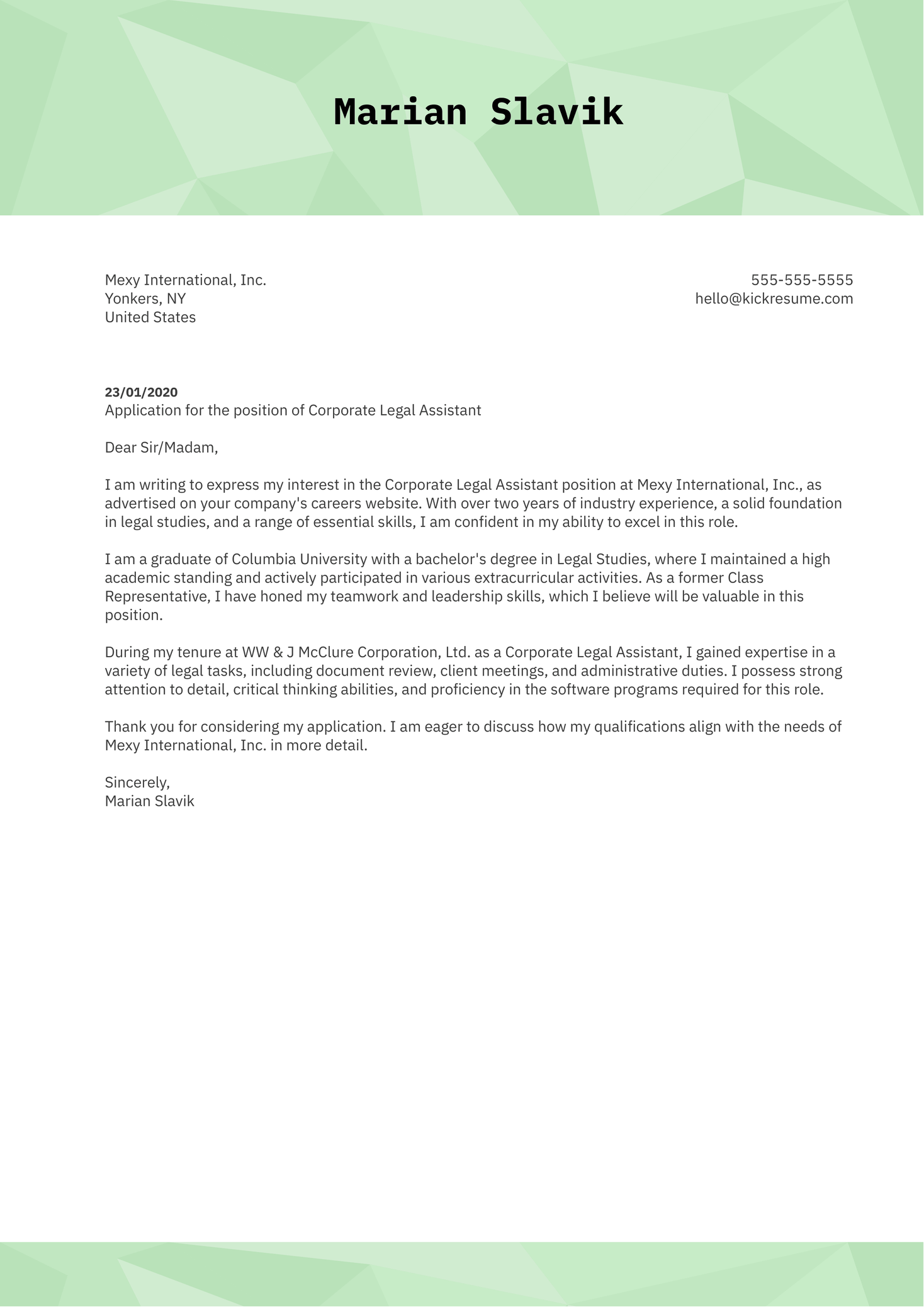 Corporate Legal Assistant Cover Letter Sample Kickresume