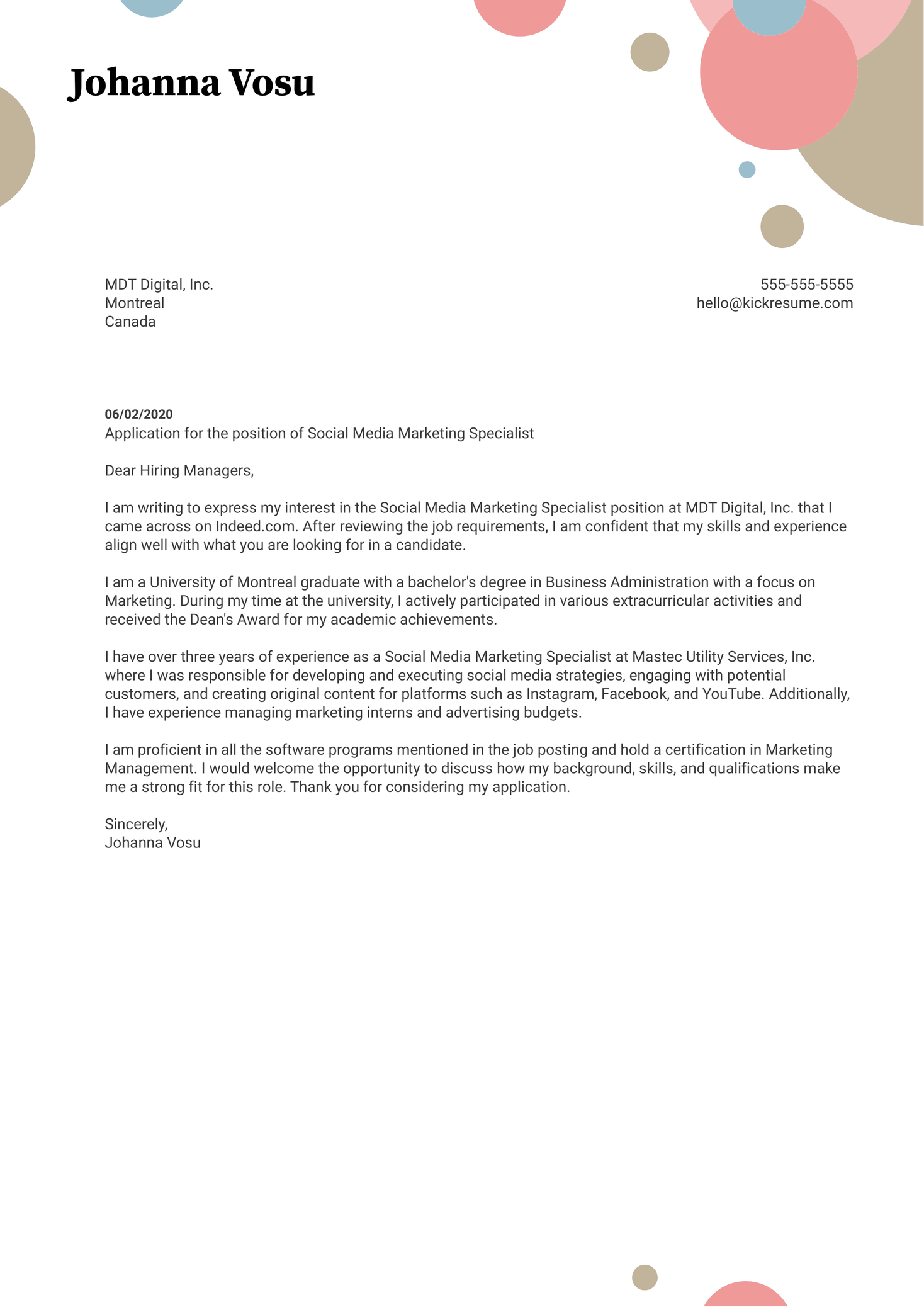 Social Media Marketing Specialist Cover Letter Example Kickresume