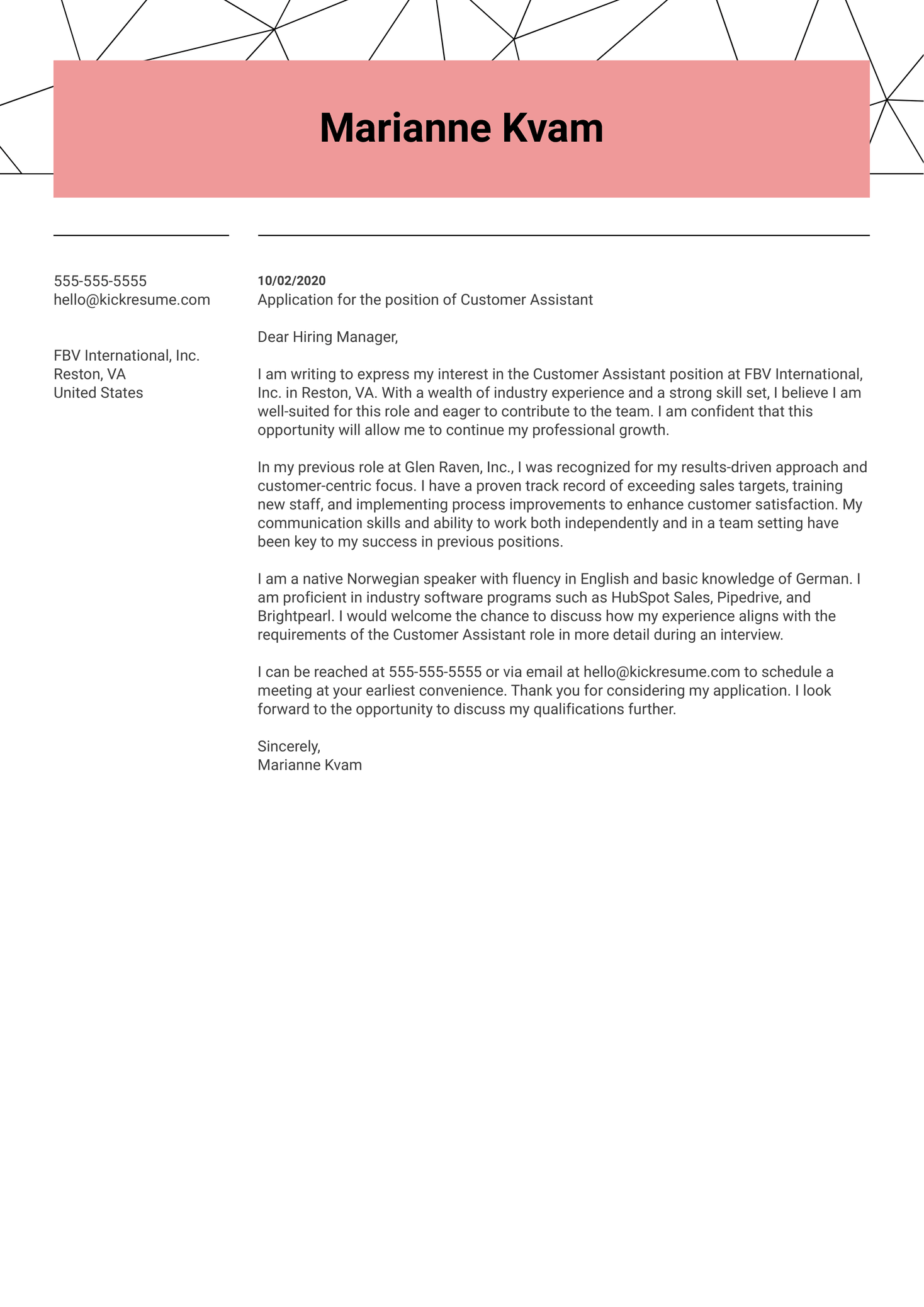 Customer Assistant Cover Letter Example Kickresume