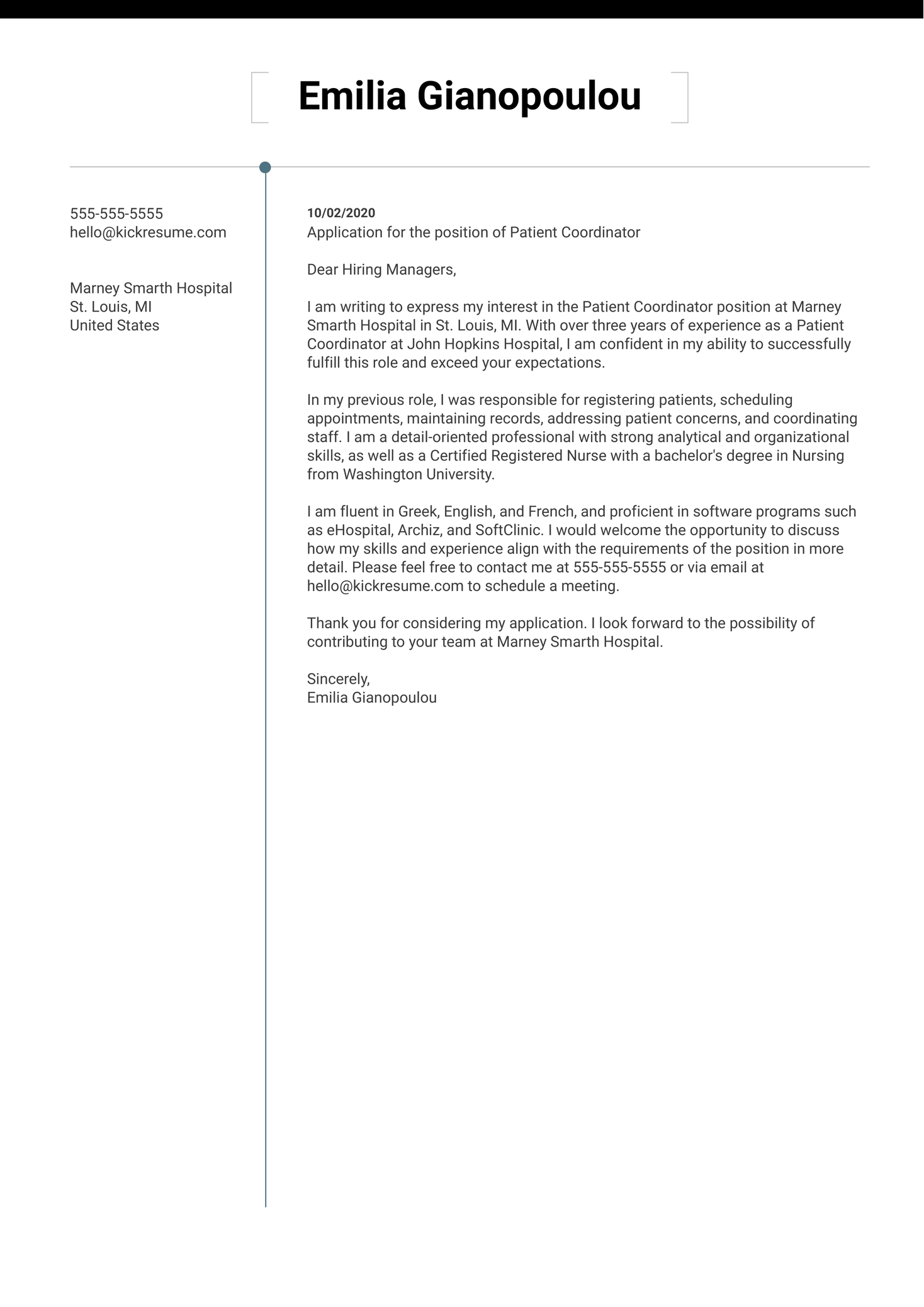 Patient Coordinator Cover Letter Example Kickresume