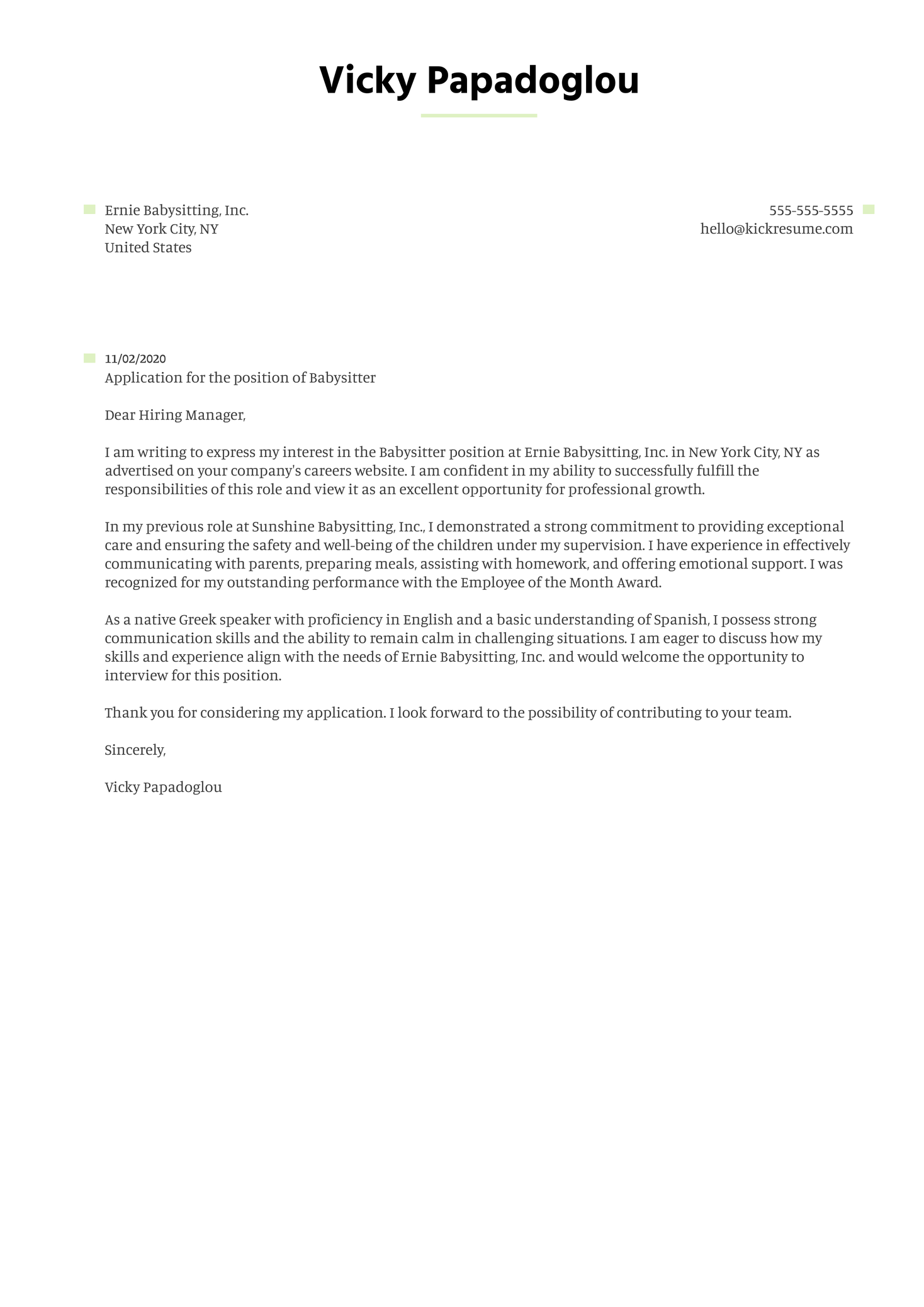 Babysitter Cover Letter Sample Kickresume