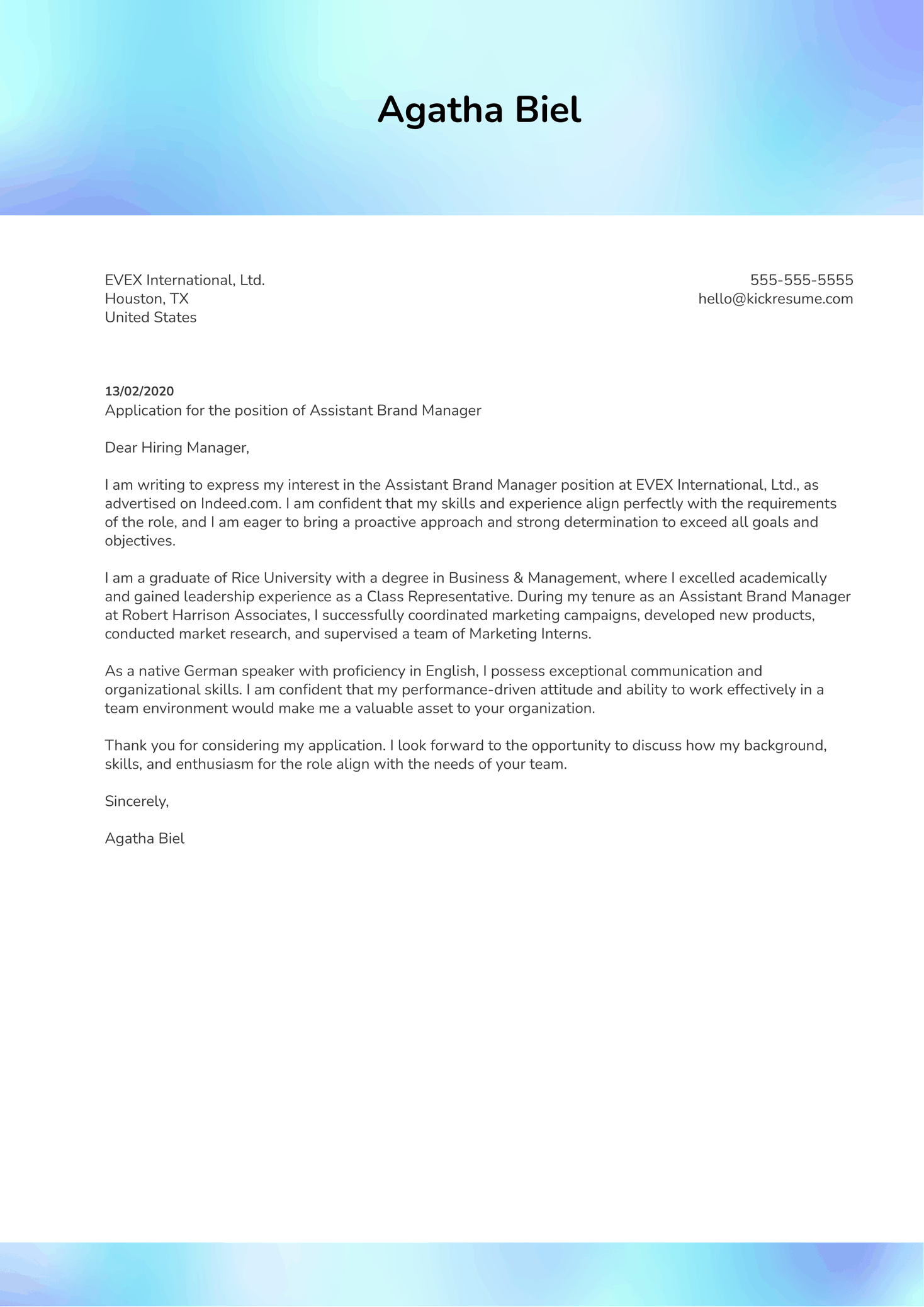 Assistant Brand Manager Cover Letter Sample Kickresume
