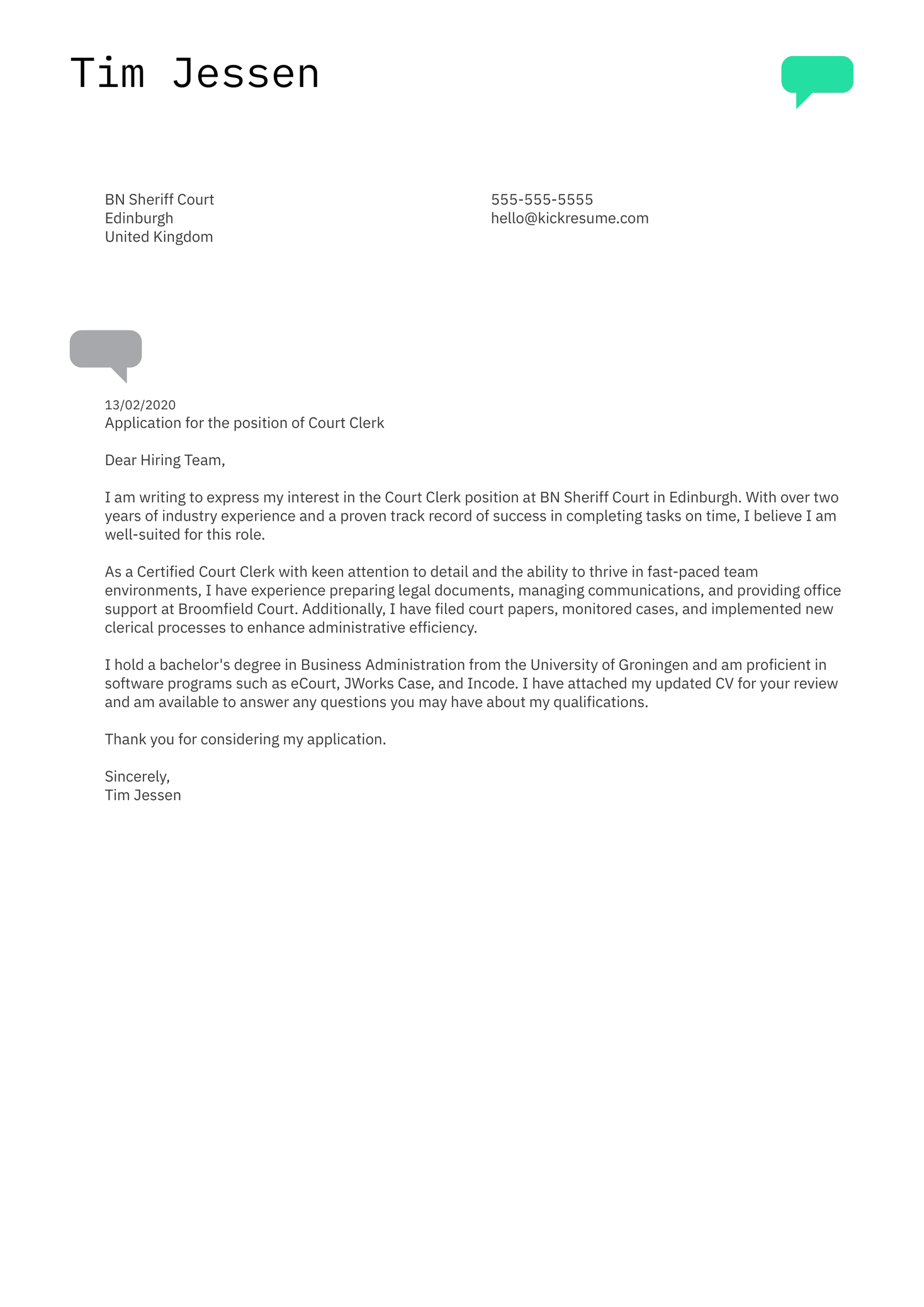 Court Clerk Cover Letter Example Kickresume
