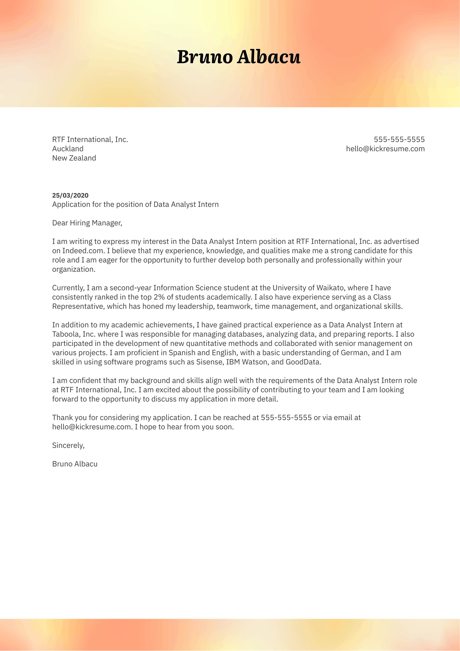 Data Analyst Intern Cover Letter Example Kickresume