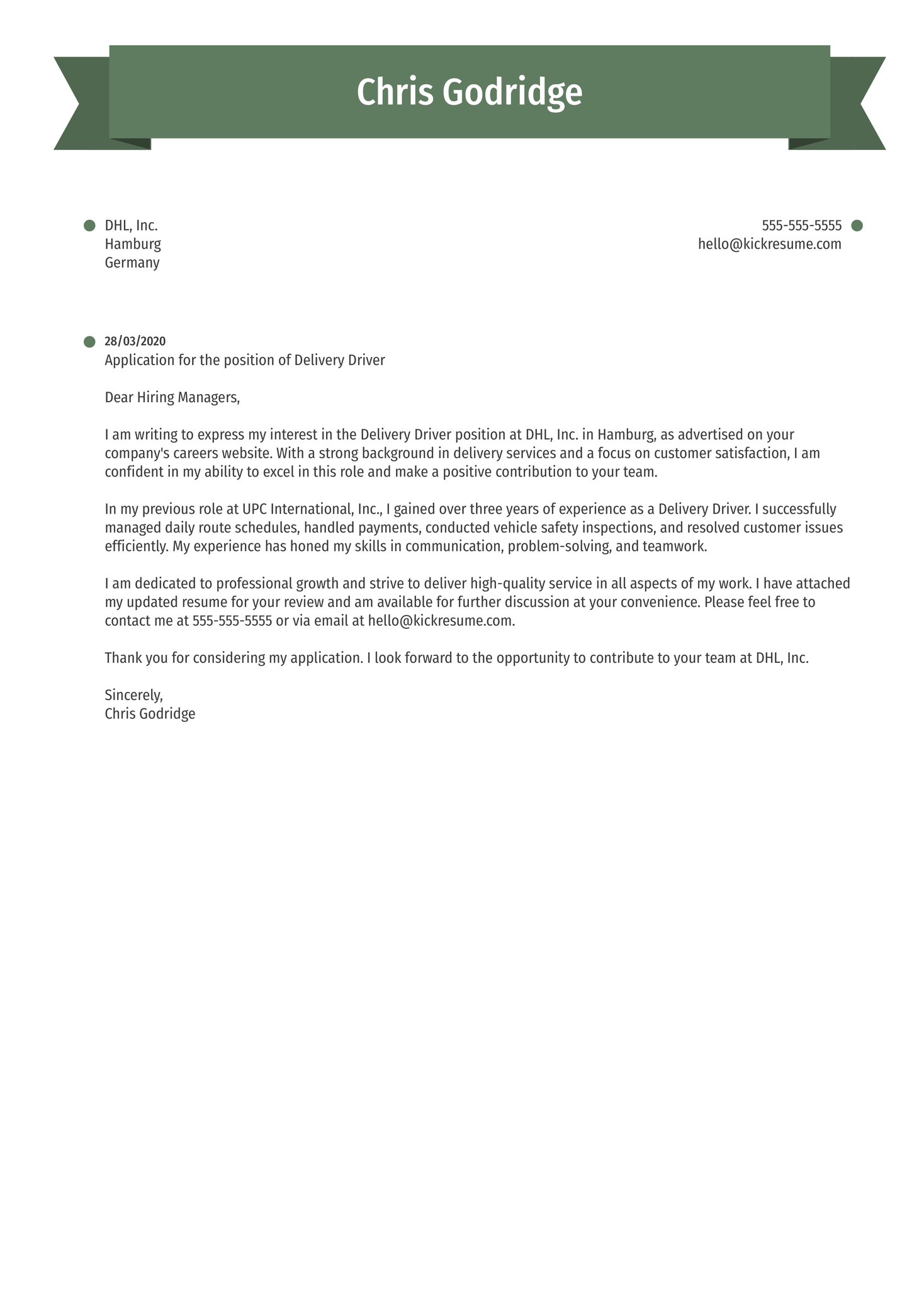 Delivery Driver Cover Letter Template Kickresume