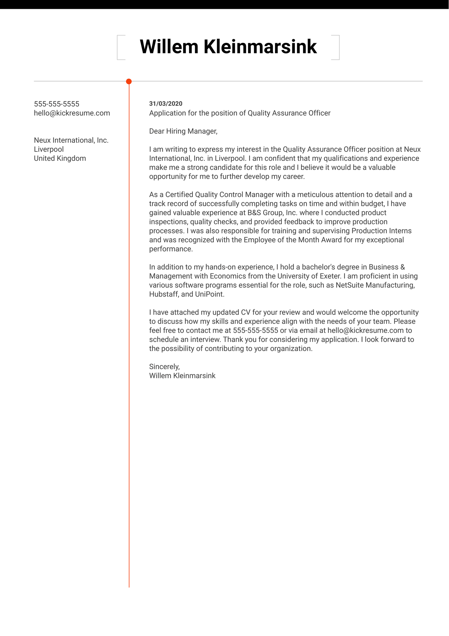 Quality Assurance Officer Cover Letter Sample Kickresume