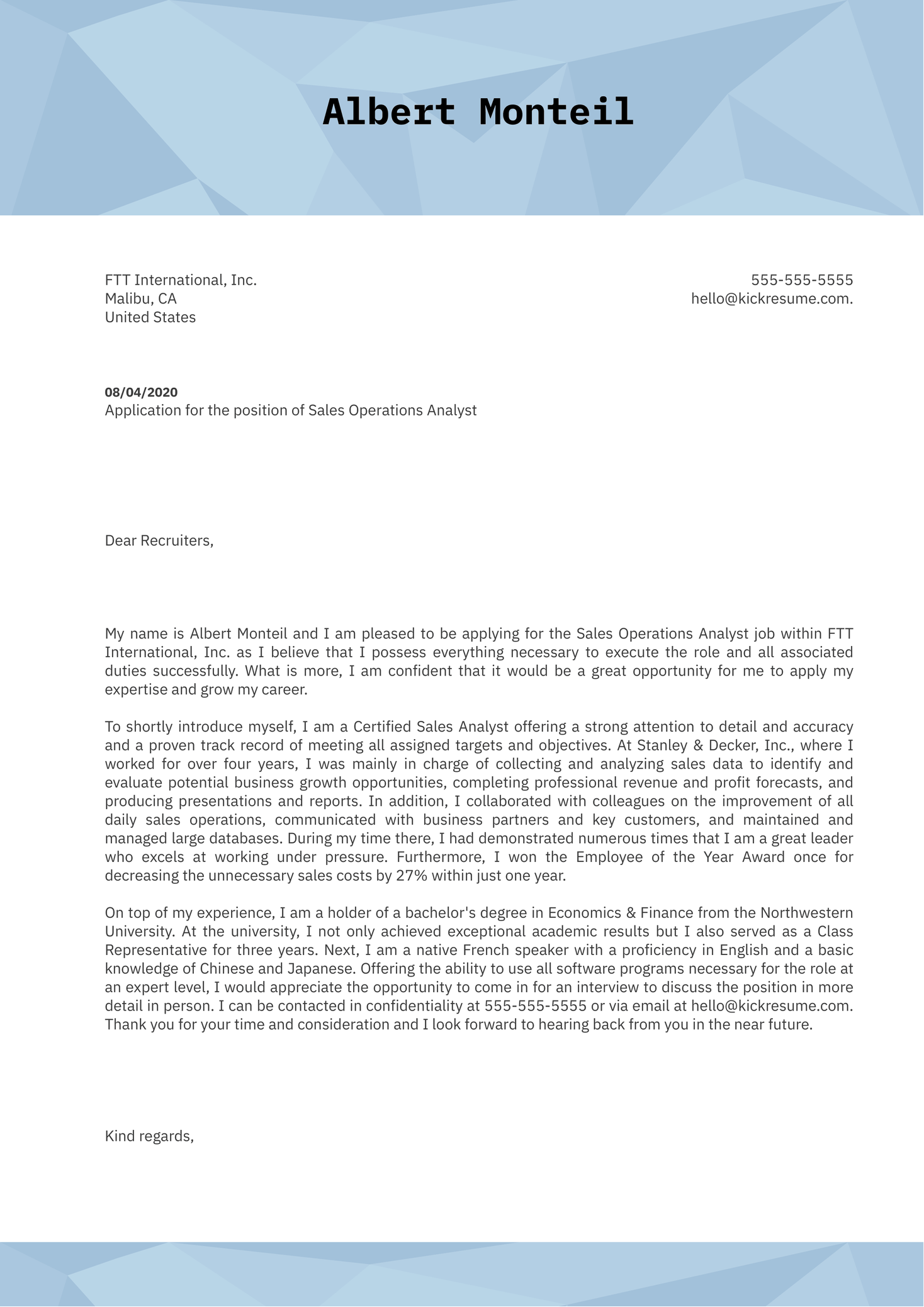 Sales Operations Analyst Cover Letter Example Kickresume