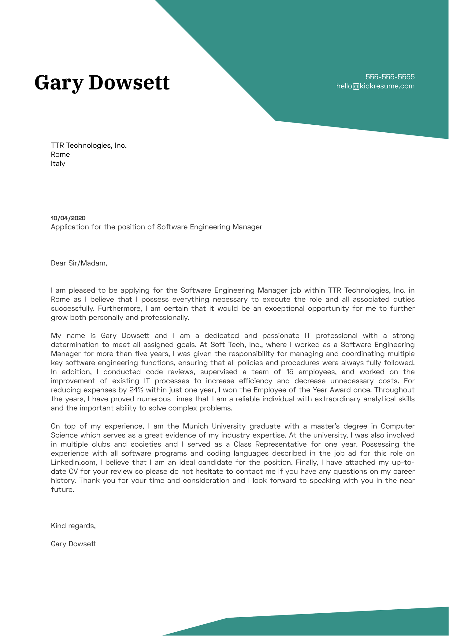 Software Engineering Manager Cover Letter Sample Kickresume