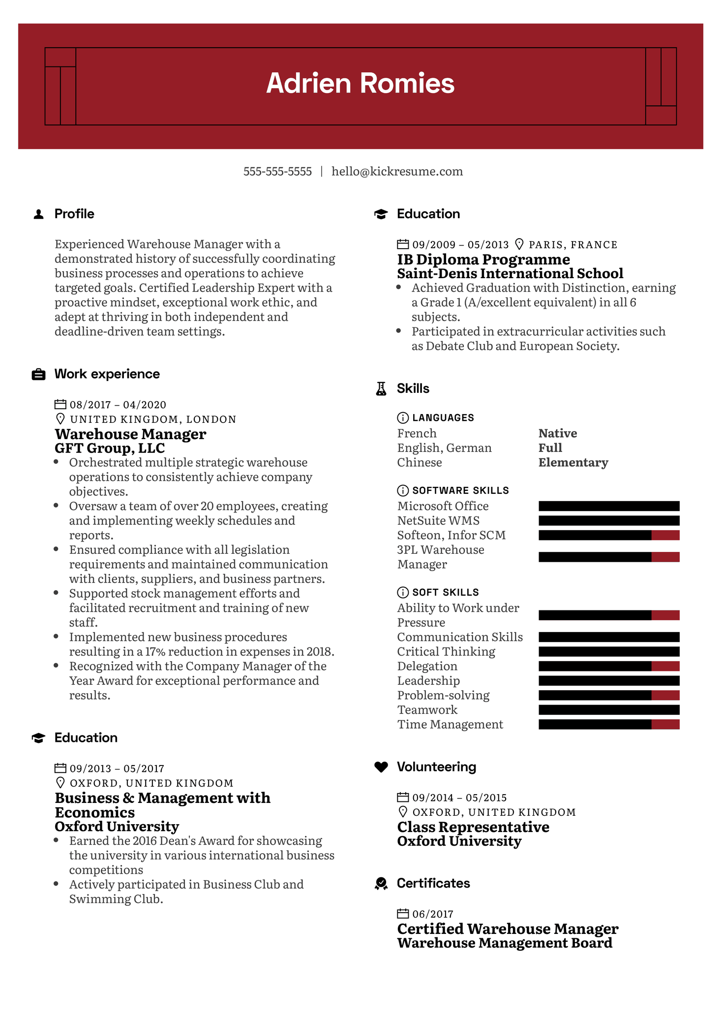 Warehouse Manager CV Example Kickresume