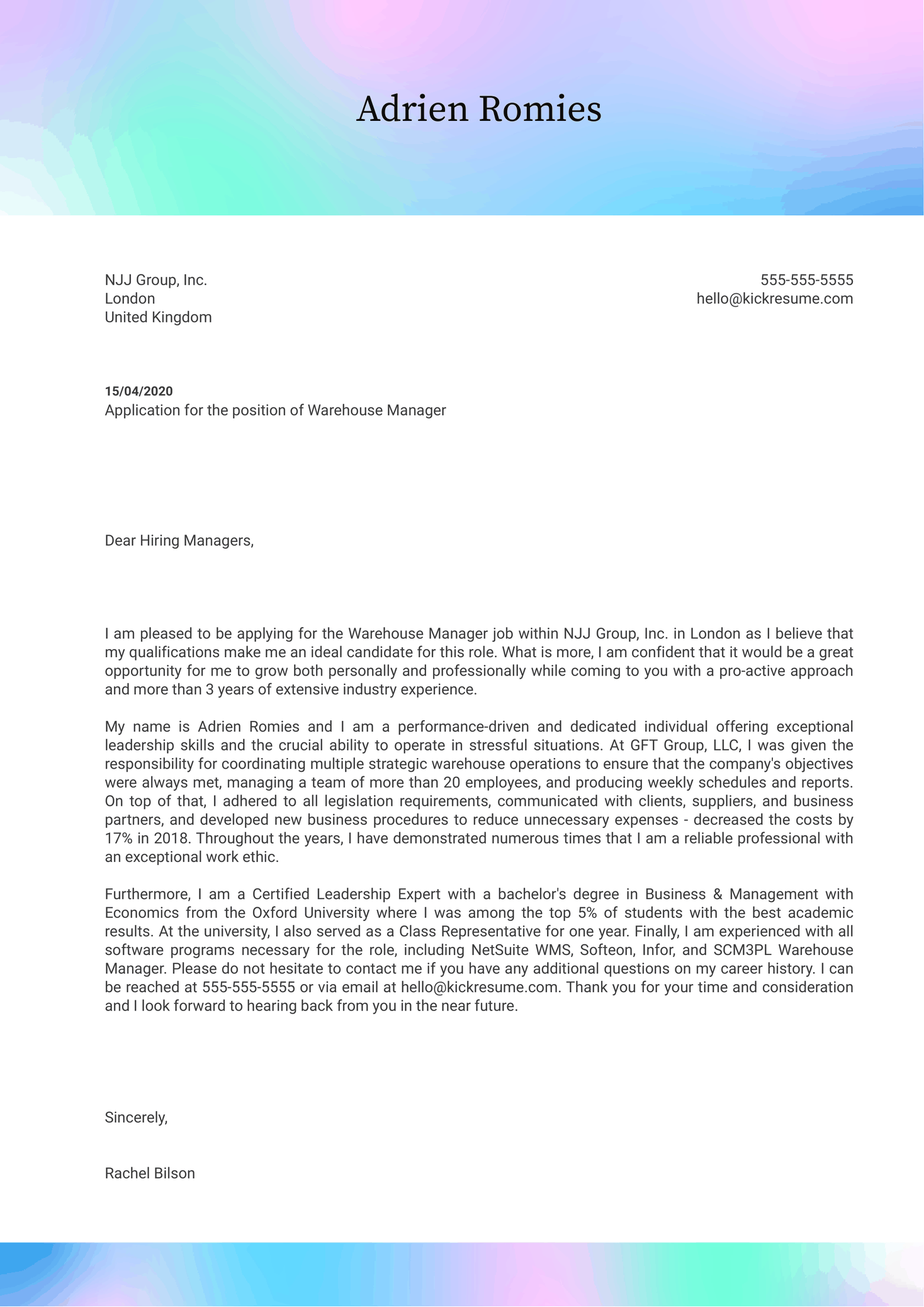 Warehouse Manager Cover Letter Sample Kickresume