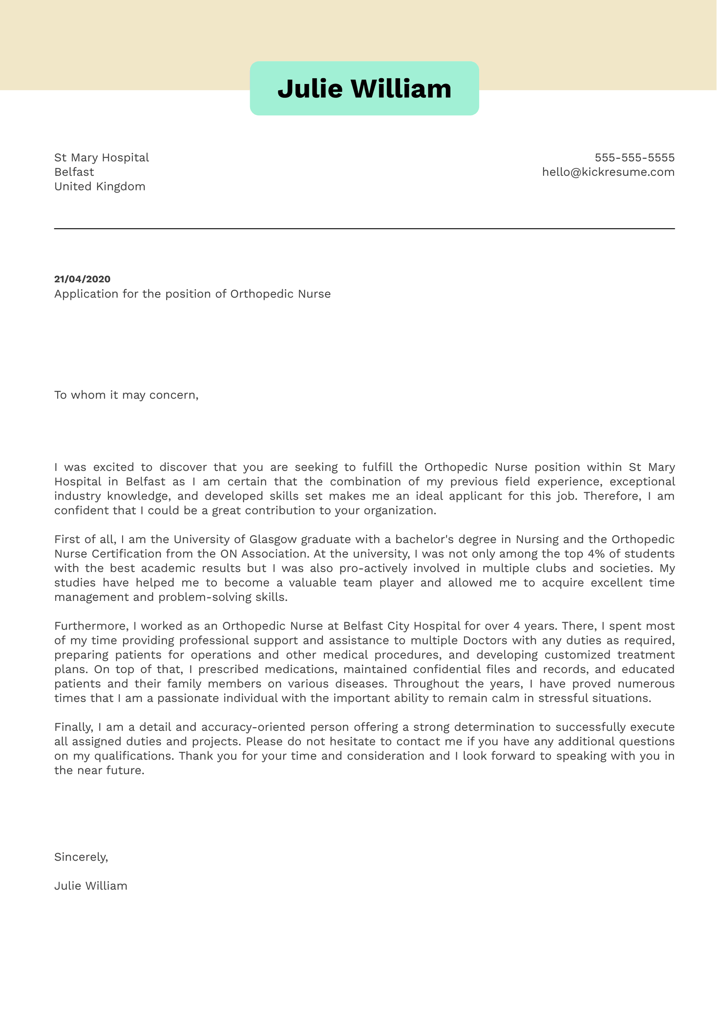 Examples Of Nurse Cover Letter