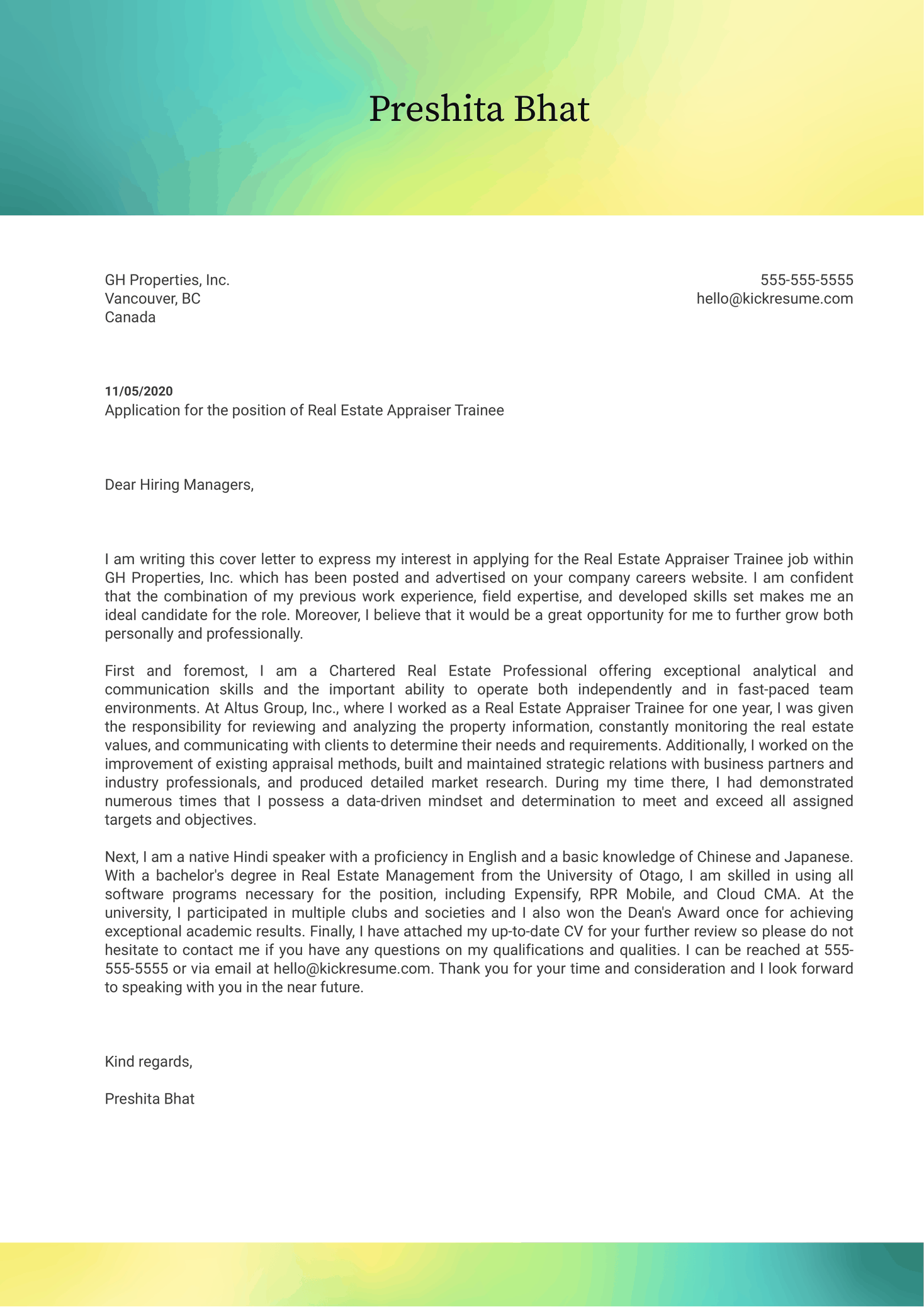 Real Estate Appraiser Trainee Cover Letter Example Kickresume