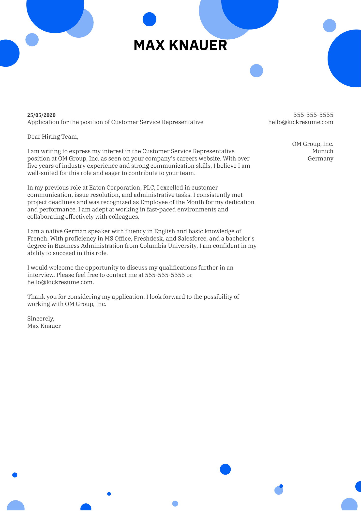 Customer Service Representative Cover Letter Template Kickresume