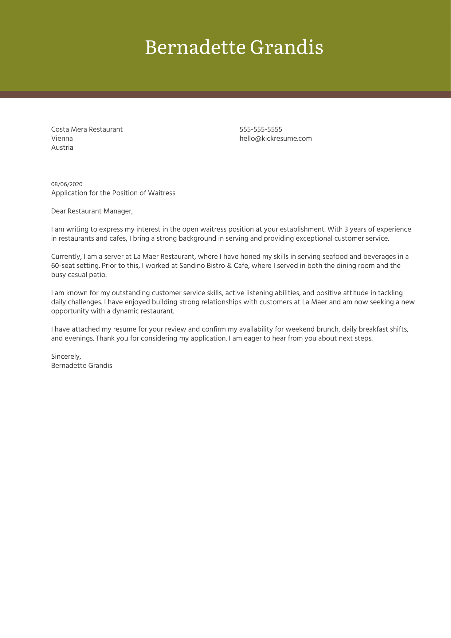 Waitress Cover Letter Example Kickresume