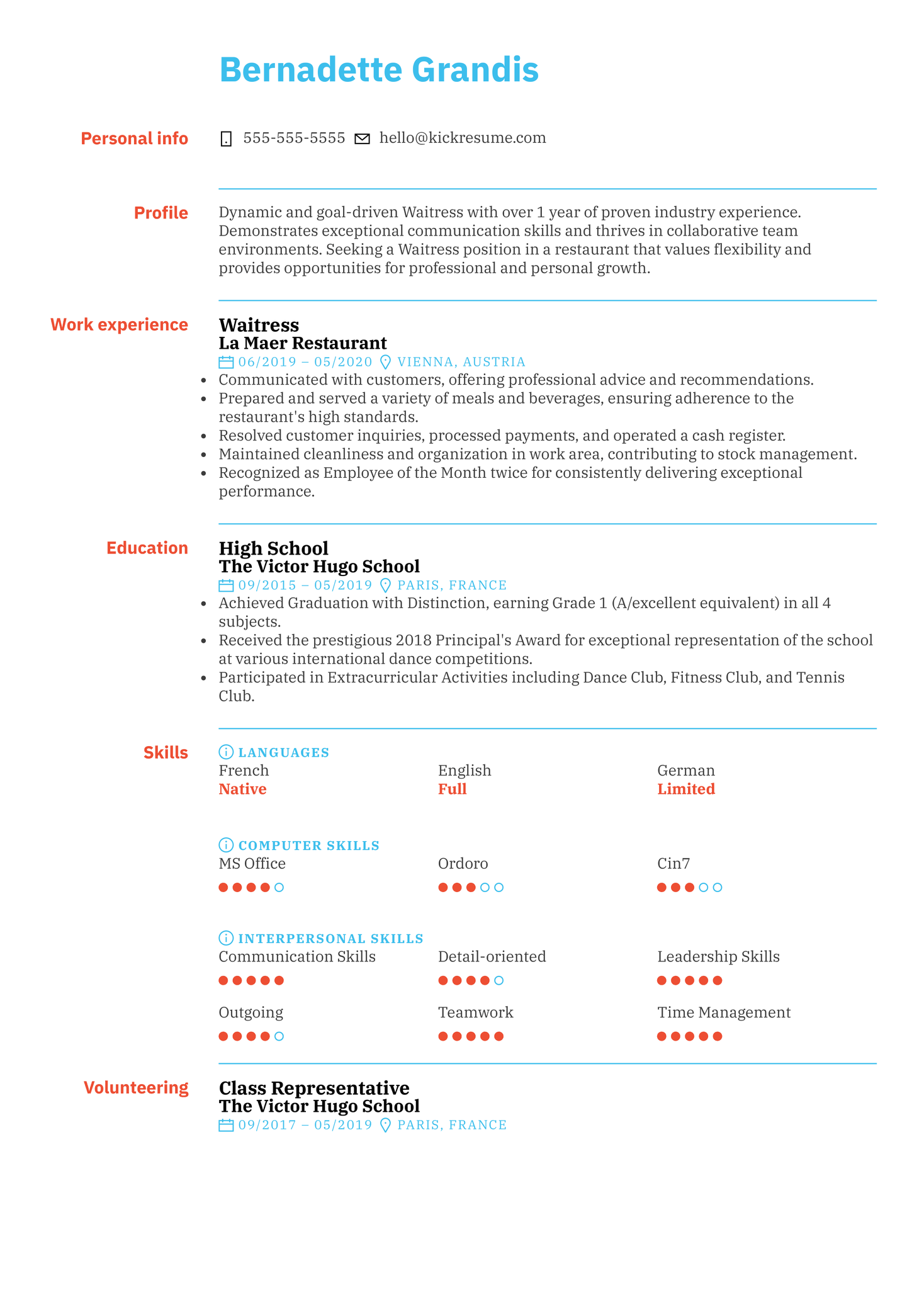 Waitress Resume Sample Kickresume