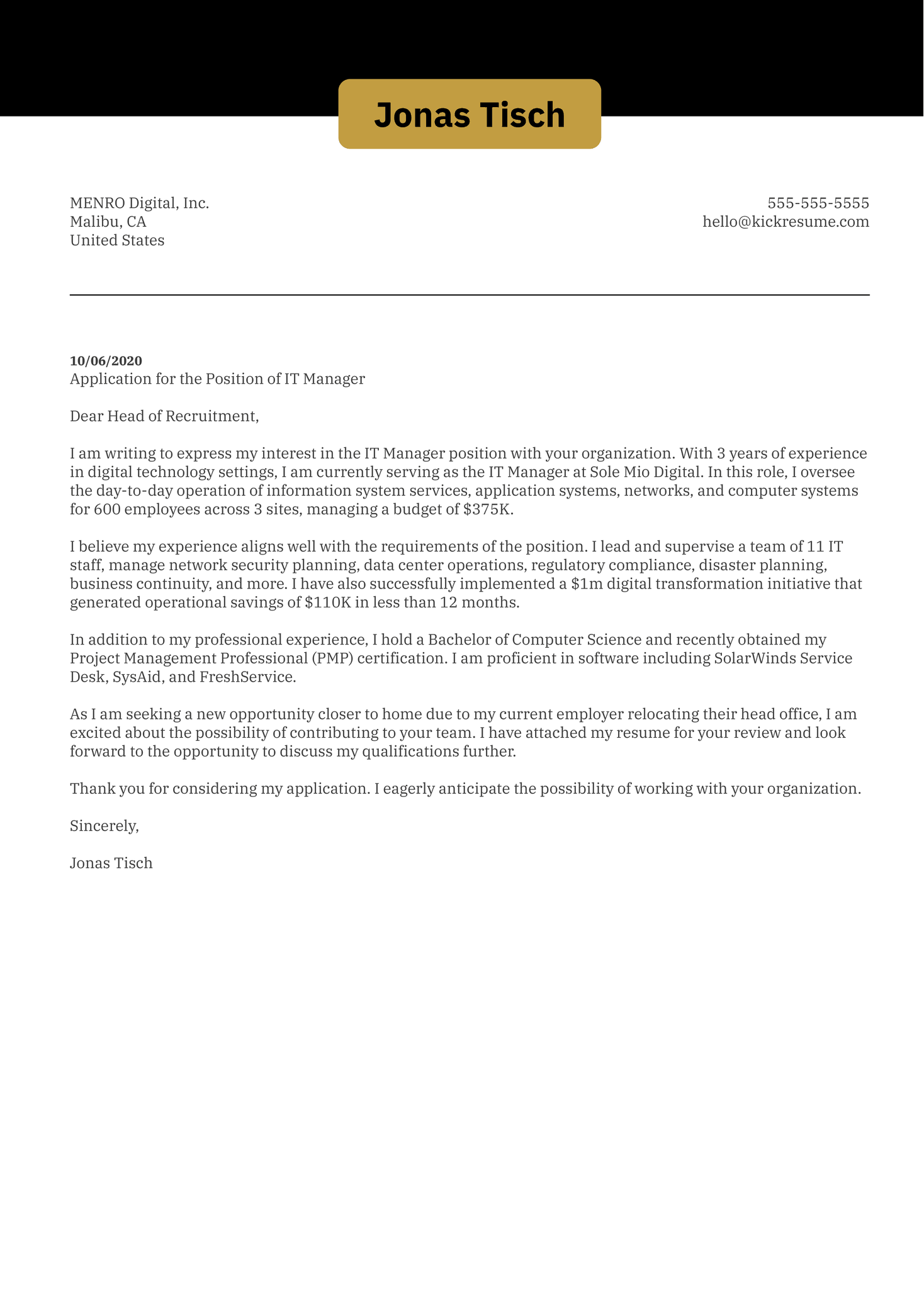 Cover Letter Examples For Project Manager Position Our General 