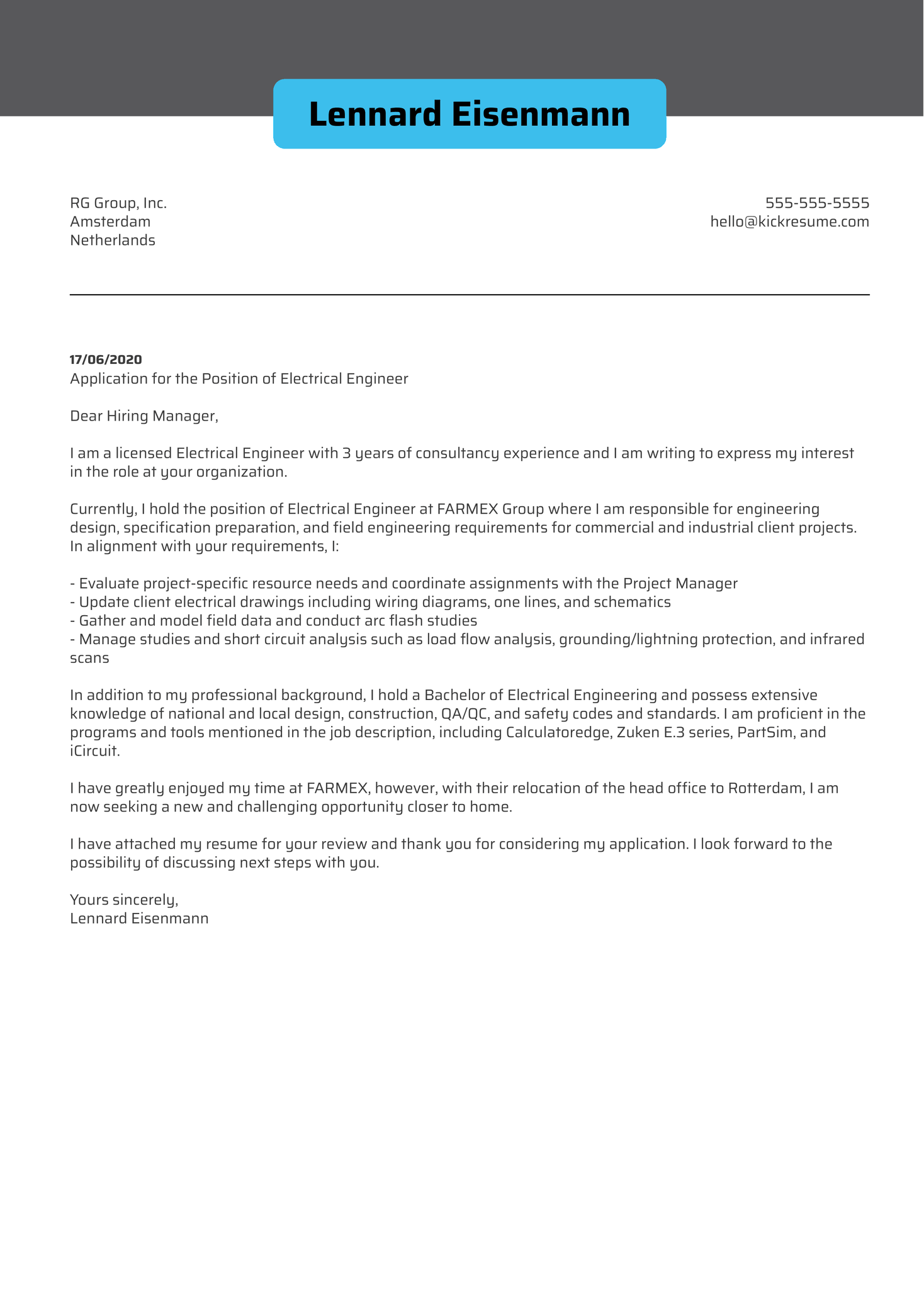 Electrical Engineer Cover Letter Example Kickresume