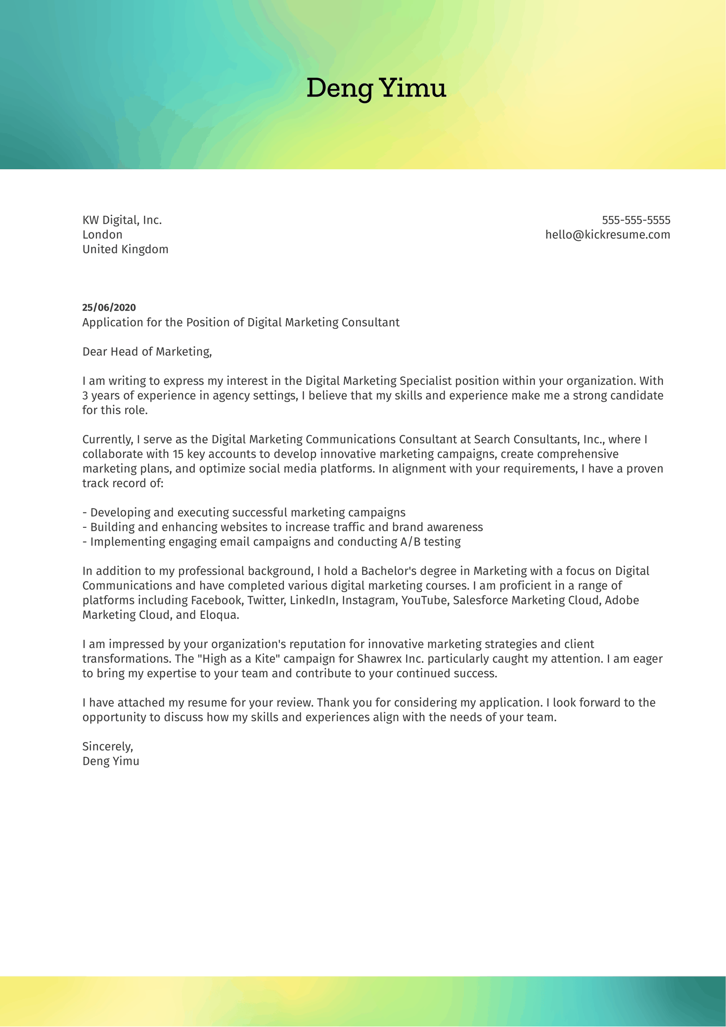 Cover Letter Example For Job Application Kickresume