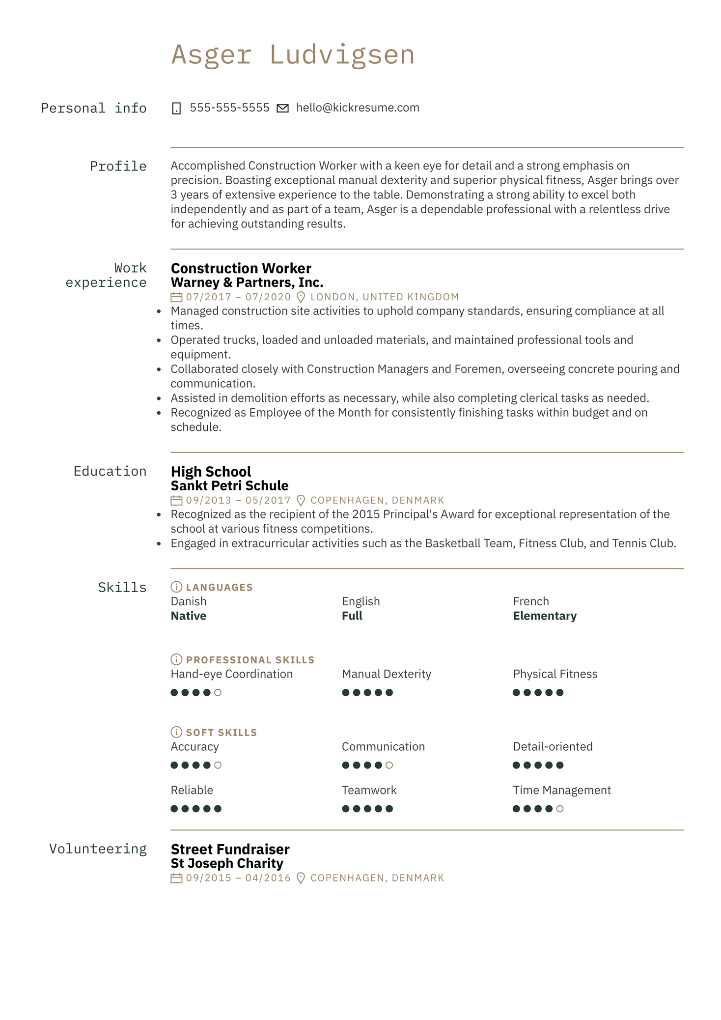 Free Construction Resume Example Kickresume