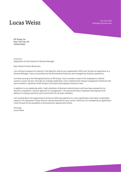 General Manager Cover Letter Example Kickresume