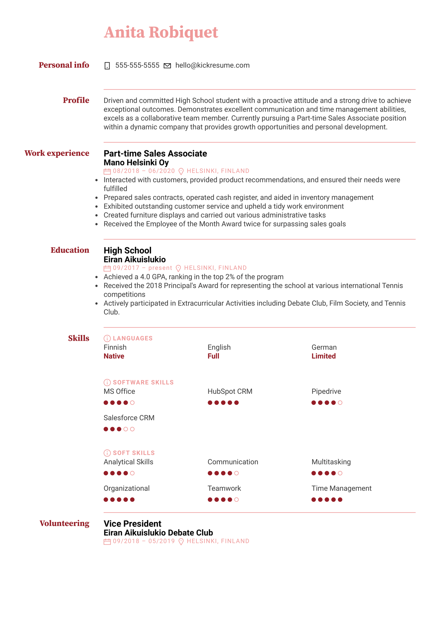 Part Time Job Resume Example For A Teen Kickresume